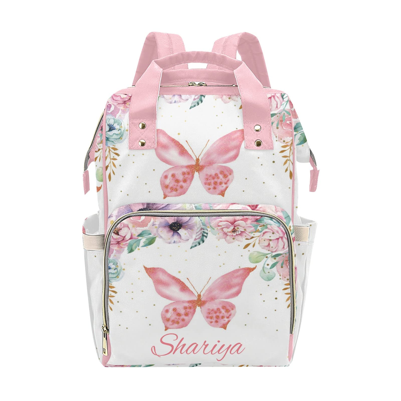 Floral Pink Butterfly Watercolor Girl Personalized Diaper Backpack with Name,Custom Travel DayPack for Nappy Mommy Nursing Baby Bag One Size