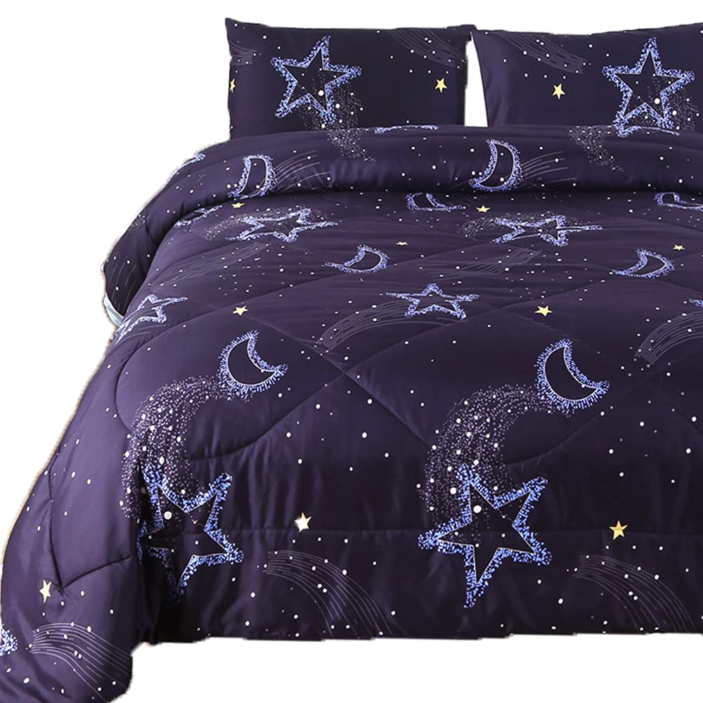 DECMAY 3PCS 3D Starry Sky Bedding Comforter Set Kids' Lightweight Comforter Alternative Duvet Insert Deep Blue Moon Star Night Twin Size Bedding for Girls and Boys Modern Design for Children Bedroom