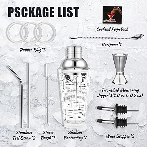 Glass Coaktail Shaker,TNCO 14OZ Bar Set,Martini Shaker, Boston Shaker, Crystal Drink Shaker and Stainless Cover combin,Drink Mixers with Straws,Straw Spoon,Wine Pourer