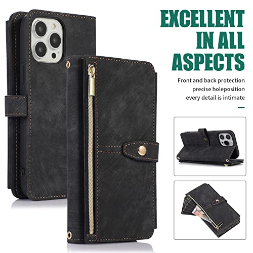 SZHAIYU Compatible with iPhone 13 pro max Crossbody case Wallet Purse for Women Girls Handbag with Card Holder Zippper Flip PU Leather Shoulder Strap Cover 6.7'' (Black,13 Pro Max)