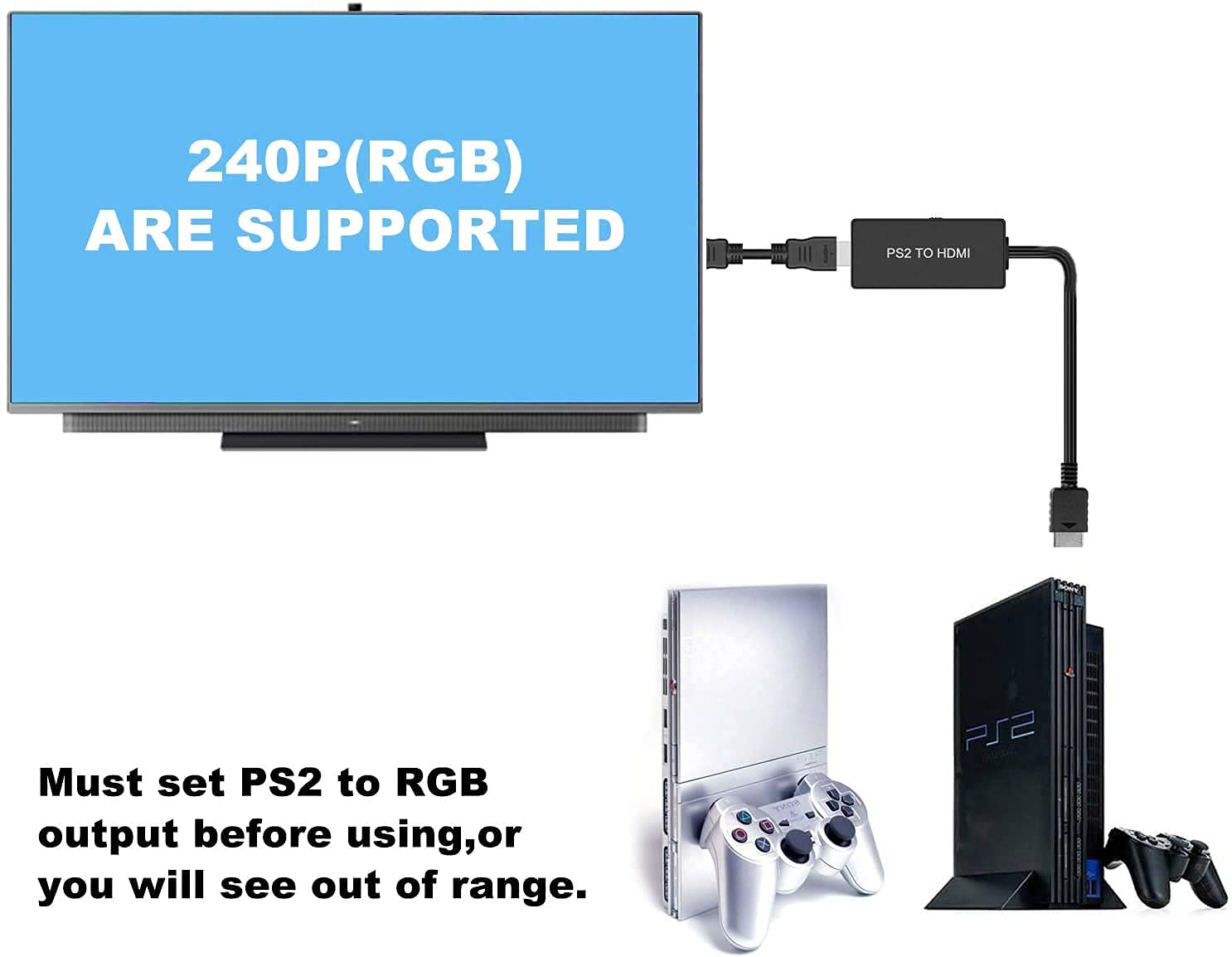 Y.D.F PS2 to HDMI Adapter PS2 HDMI Cable PS2 to HDMI Converter Support 4:3/16:9 Screen Aspect Ratio Switch. Works for PlayStation 1/ PlayStation 2 HD Link Cable PS1 HDMI Adapter PS2 HDMI Converter