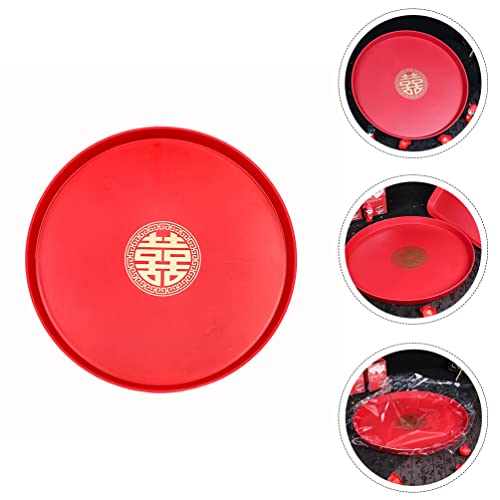 jojofuny Chinese Wedding Serving Tray Platter: Red Fruit Plate Round Tea Tray Large Plastic Snack Dishes for Chinese Traditional Wedding Decoration Supplies
