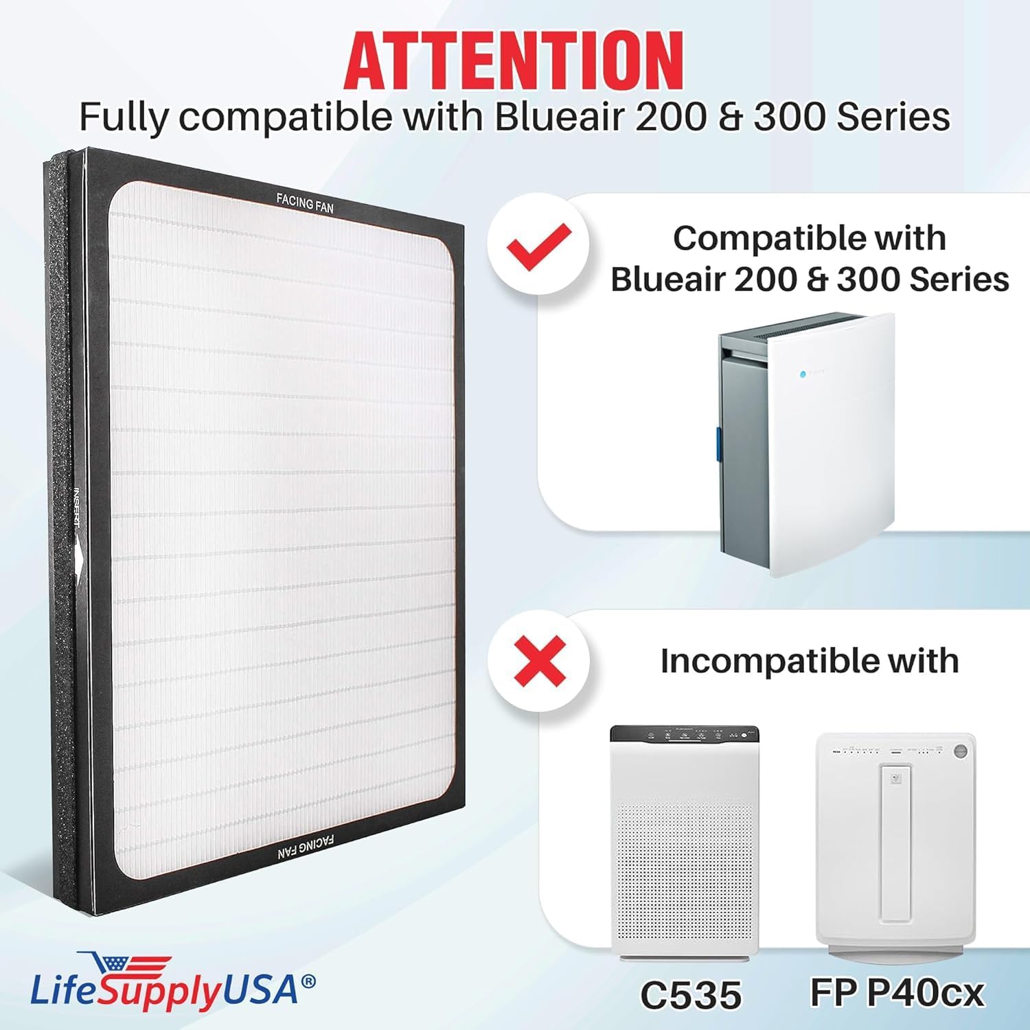 True HEPA Air Cleaner Filter Replacement Compatible with Blueair 200 SmokeStop 201, 203, 215B, 250E, 270E, and 303 Air Cleaners by LifeSupplyUSA (1 Pack)