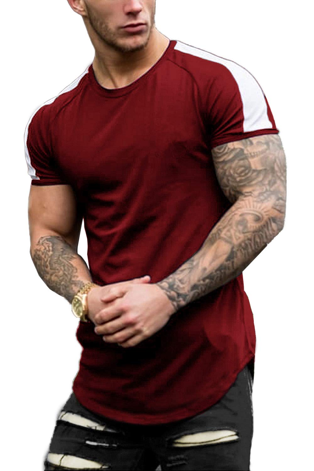 COOFANDY Mens Bodybuilding Workout Shirts Soft Gym Muscle T-Shirt Wine Red M