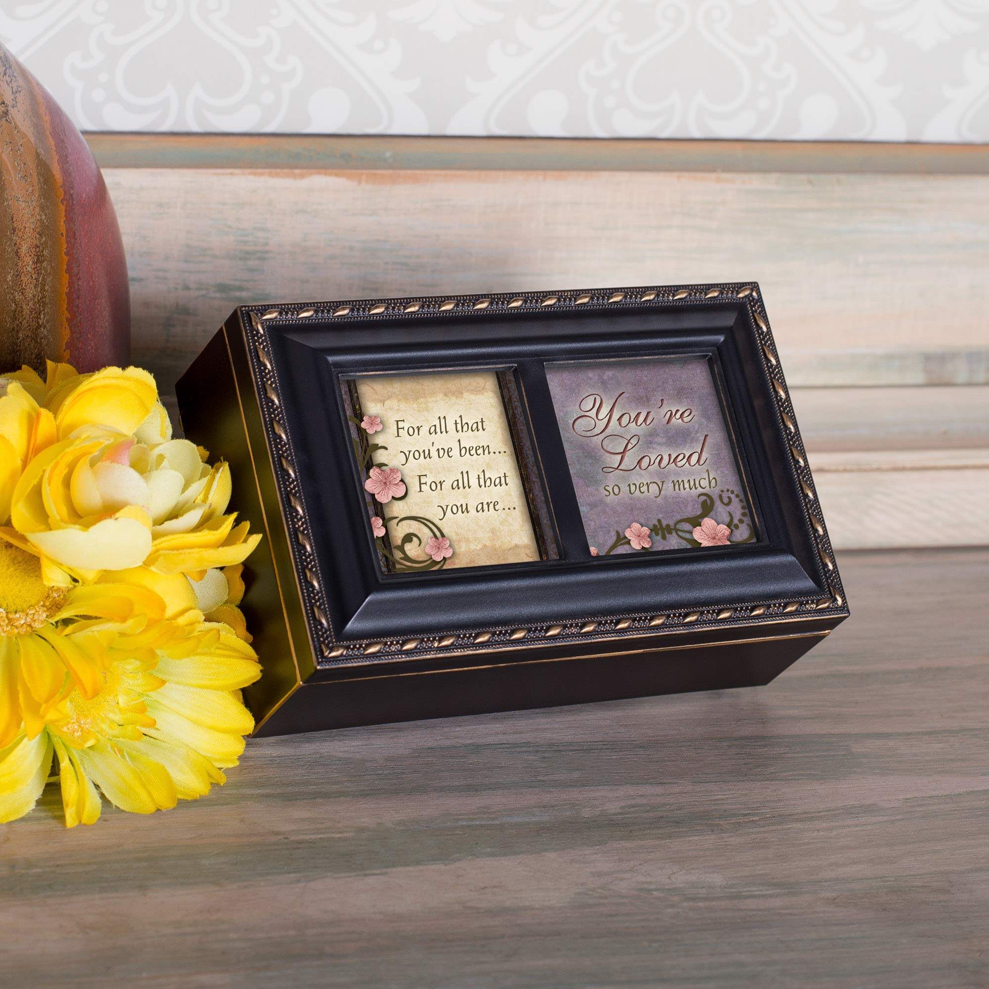 Cottage Garden You are Loved Distressed Black Petite Music Box Plays That's What Friends are for