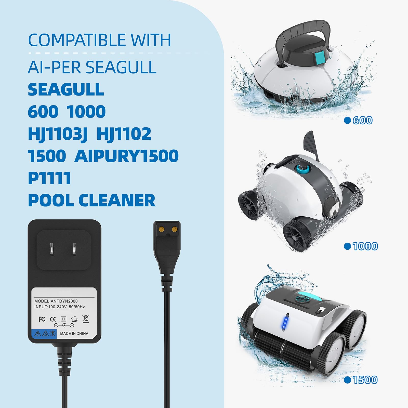 Charger for Aiper Seagull 600 1000 HJ1102 AIPURY1500, for Cordless Pool Cleaner Charger Smart Pool Cleaner Charger Pool Cleaner Charger Cord, 12.6V 2-Pin AC/DC Adapter