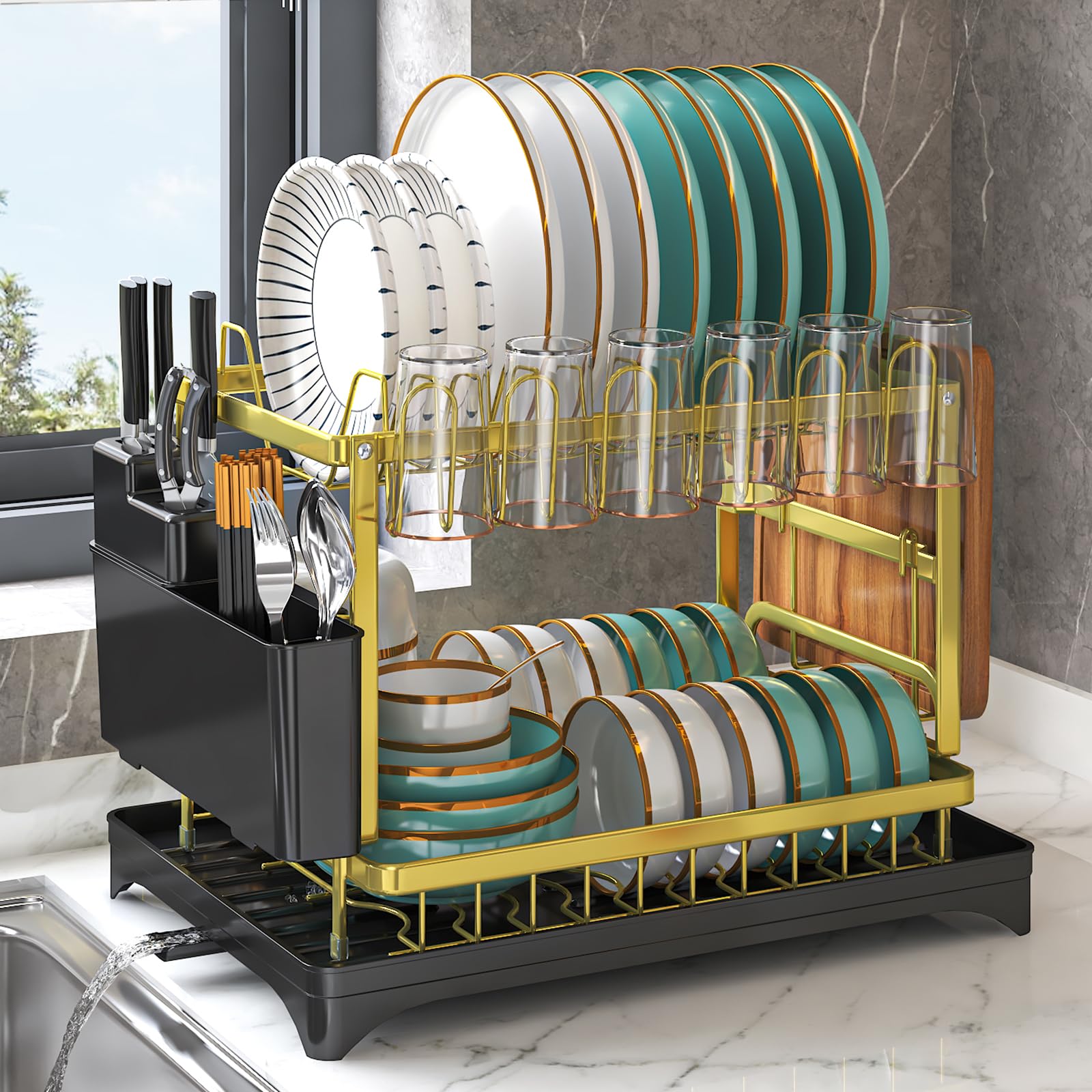 IBEDMAZIE Dish Drying Rack Gold, Multifunctional Dish Racks for Kitchen Counter with Drainboard 2 Tier Dish Drainer Large Capacity for Dish/Knifes/Cup/Cutting Board