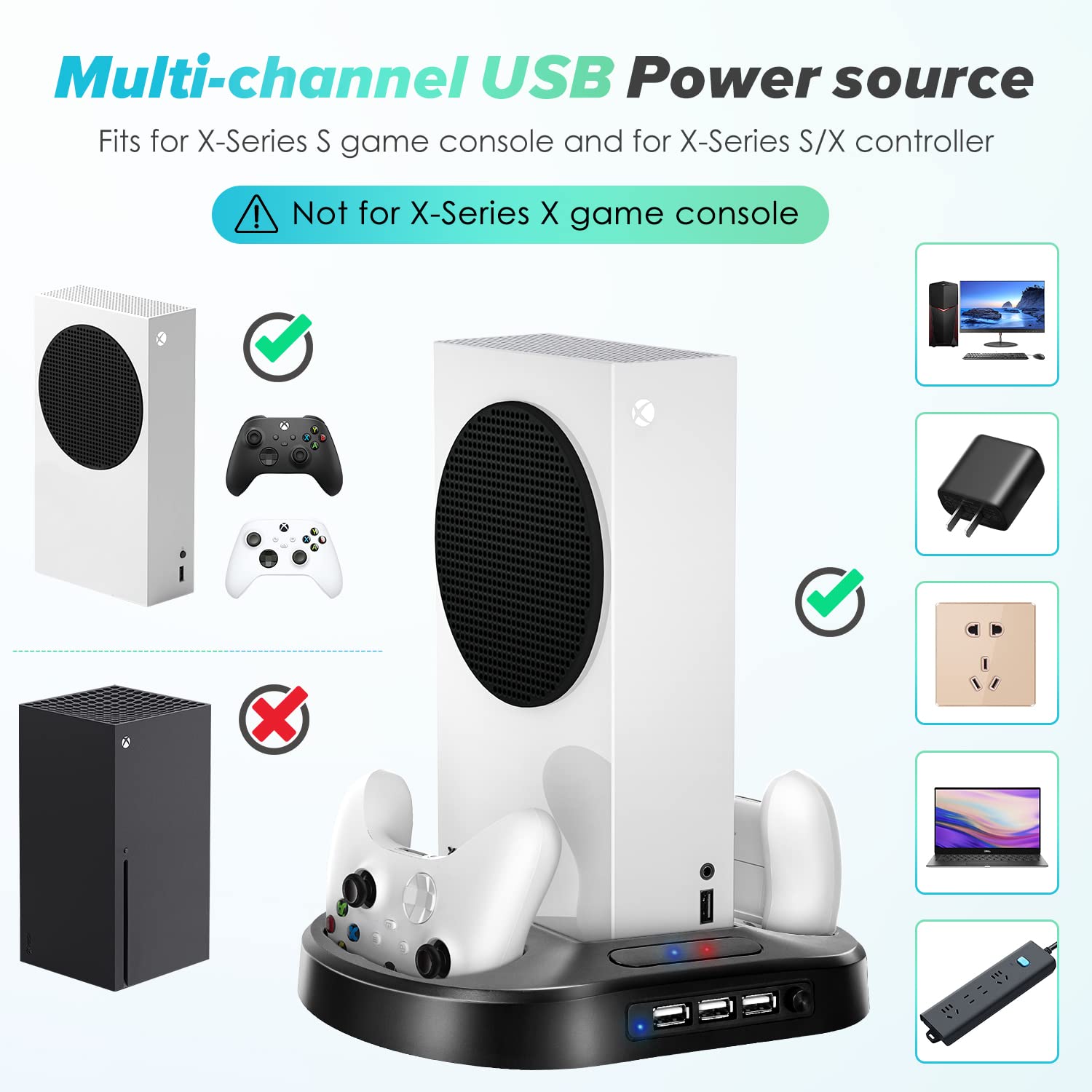 Cooling Stand Compatible with Xbox Series S, Cooling Fan with Dual Controller Charger Ports, Charging Station Dock, LED Indicator, 3 USB Ports, Black