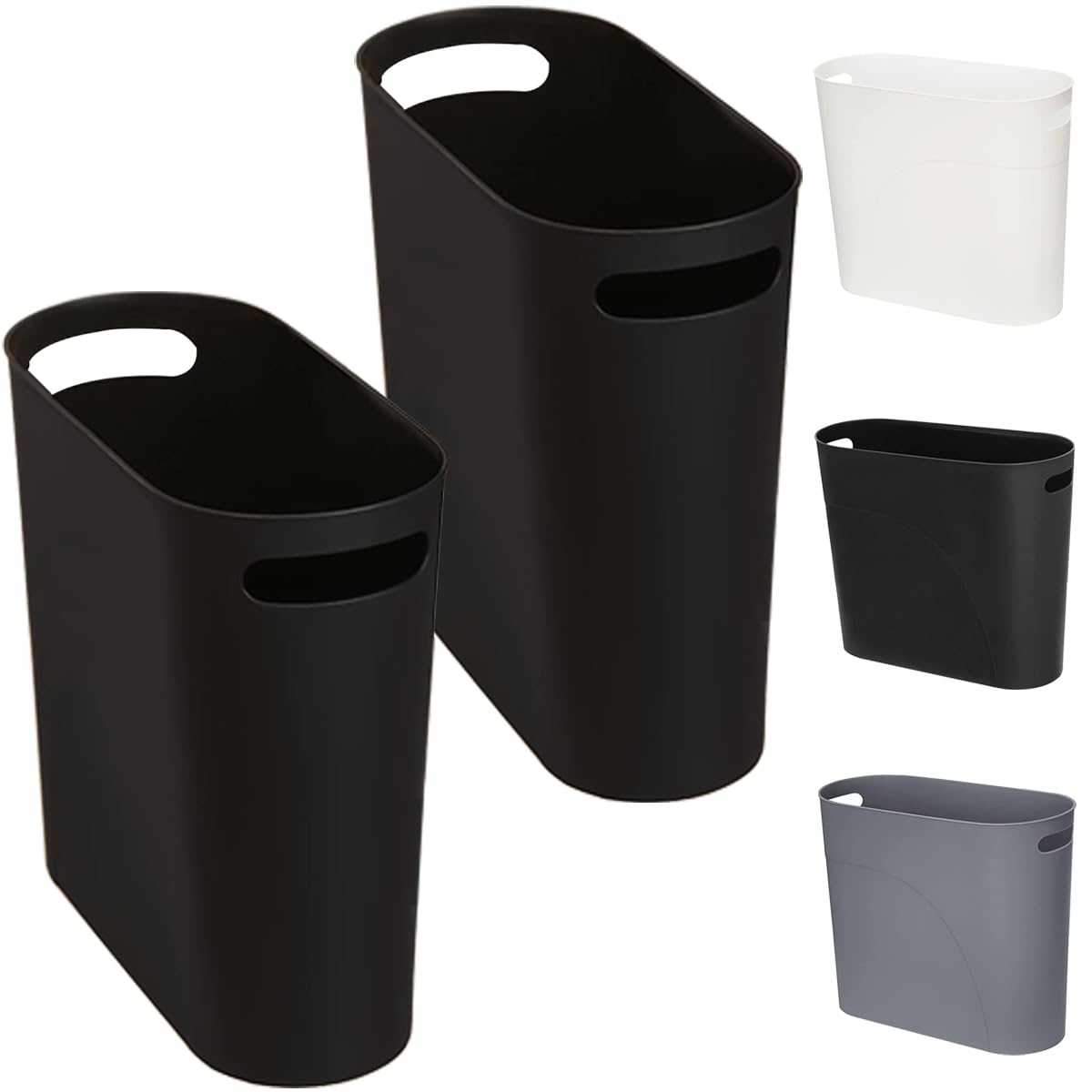 LOSYHU 3.2 Gallon Slim Waste Basket, Black, 2 Pack, Plastic Small Trash Can with Handles, 12L Capacity