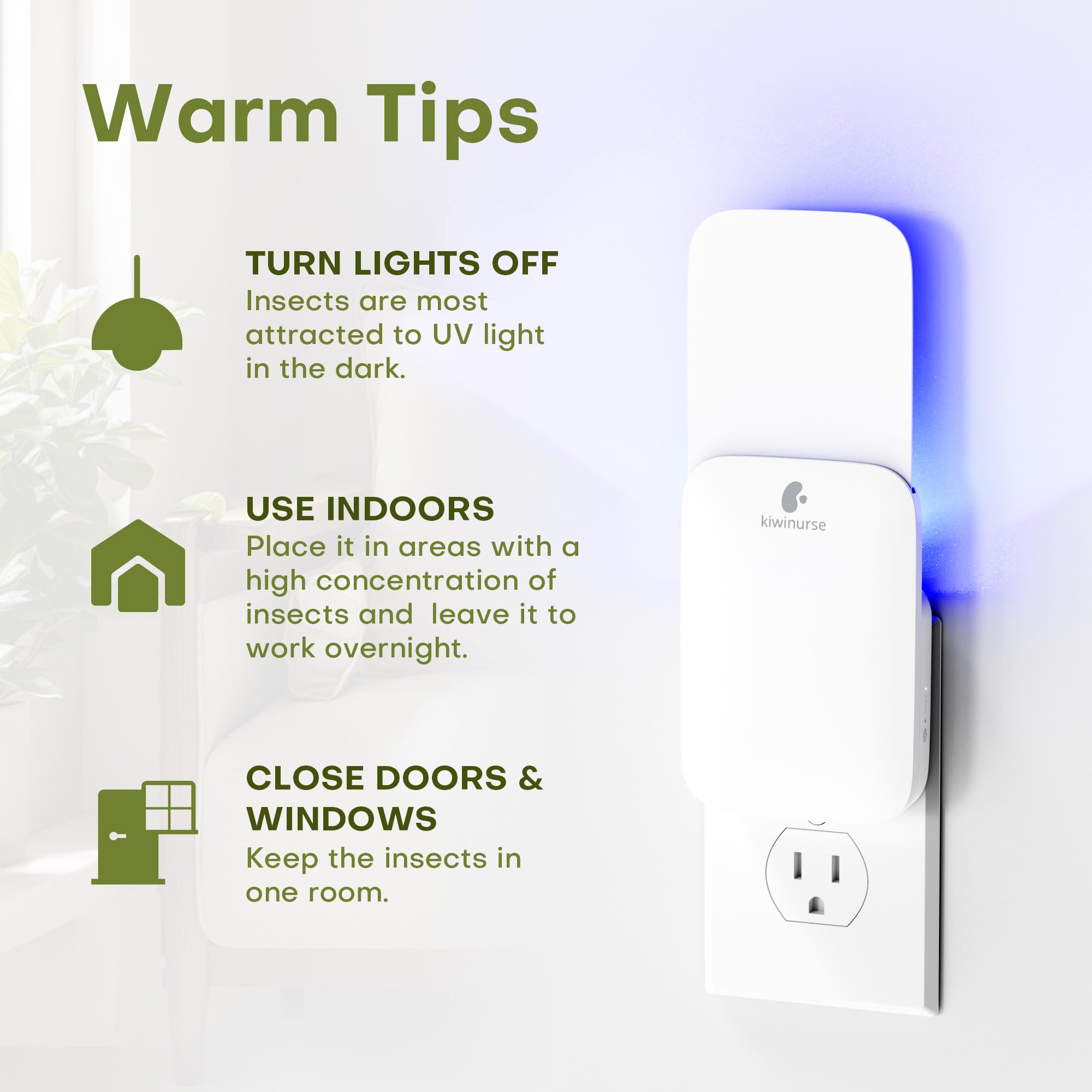 Kiwinurse Indoor Fly Trap for Home - Flying Insect Trap Fruit Fly Traps for Bugs, Gnats, Moths for Indoors with Bug Lights & Refills,1 Device+2 Double Sided Glue Cards