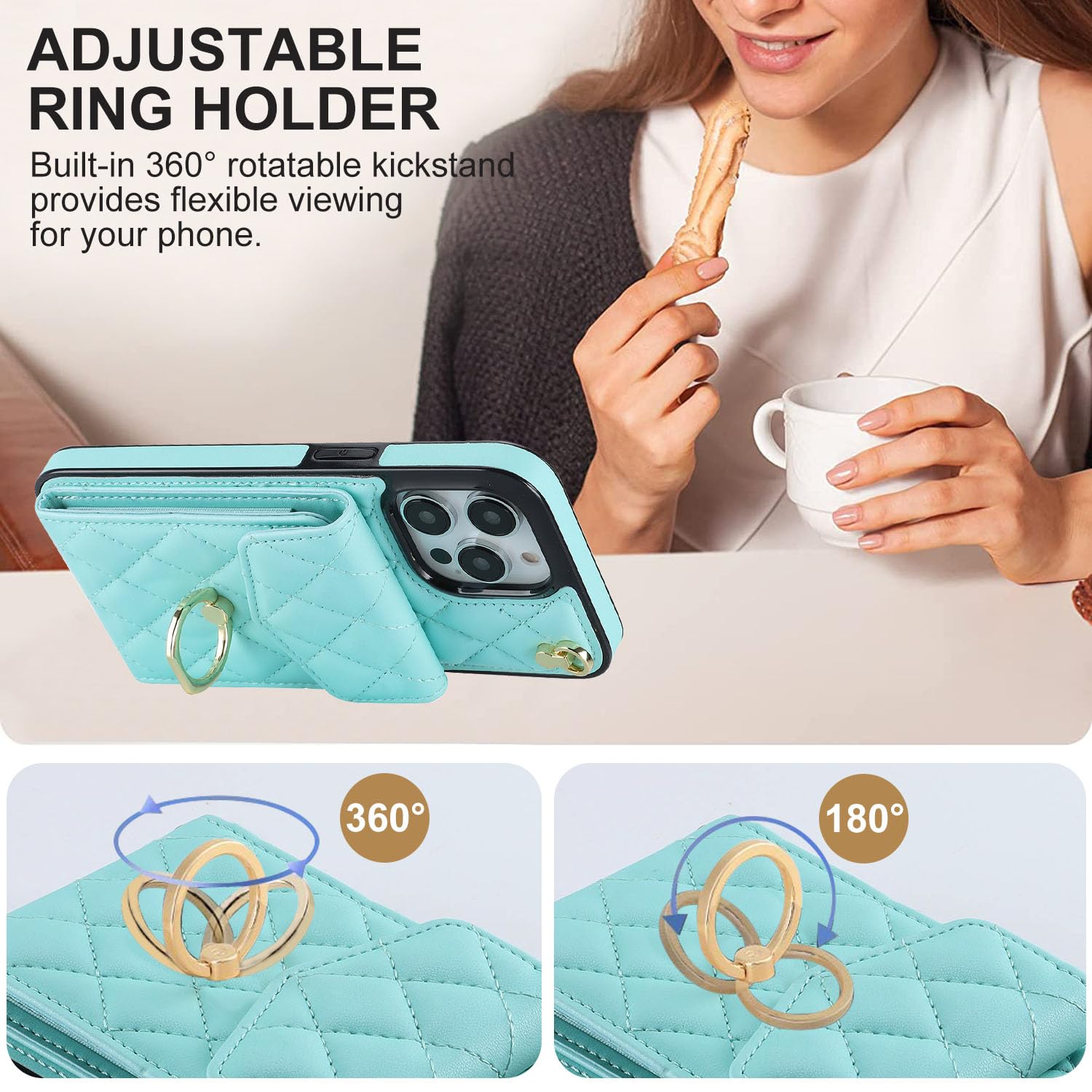 CHENRLIAN Compatible with iPhone 15 Pro Max Wallet Case, with Card Holder,Crossbody Case with Strap Wrist,Protective Leather Case with Ring for Apple iPhone 15 Pro Max, 6.7", 2023(Mint Green)