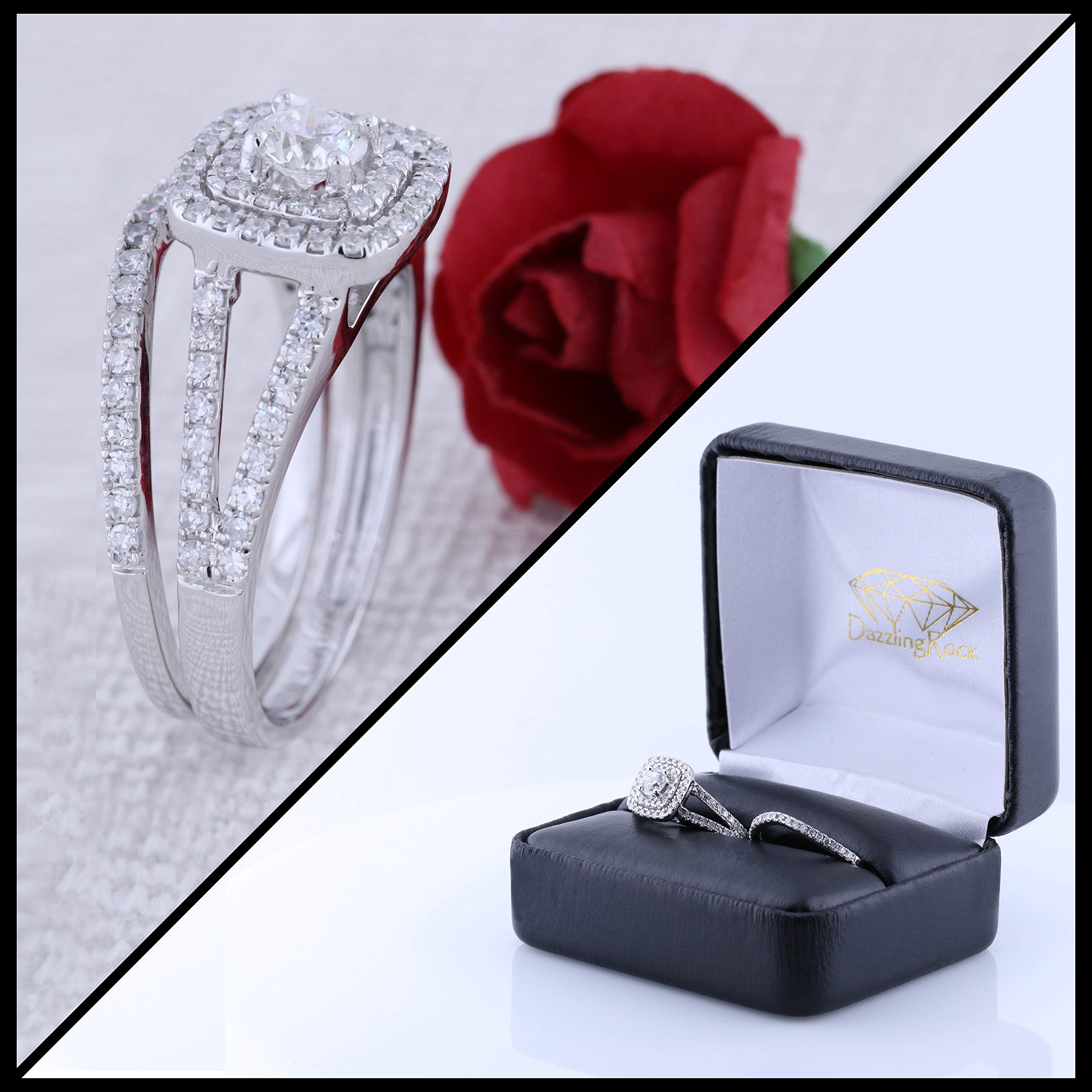 Dazzlingrock Collection 1.00 Carat (Cttw) 10K Round Diamond Split Shank Halo Engagement Ring Set 1 CT, White Gold, Size 7