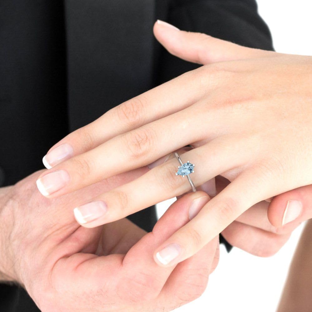 Clara Pucci 1.0 ct Pear Cut Solitaire Aquamarine Blue Simulated Diamond Bridal Designer Anniversary Engagement Ring Real 14k White Gold