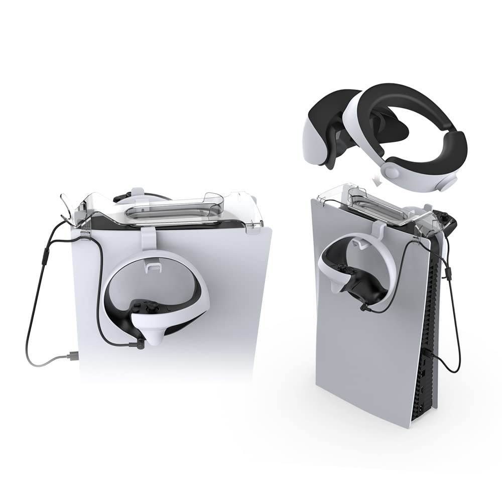 FASTSNAIL VR2 Headset Stand Controllers Holder for PSVR2, Settled on PS5 Console, Display Stand with Lens Cover, Hanger Hook, 2 in 1 Charging Cable and Velcro Straps for PS5 VR2 Gaming Accessories