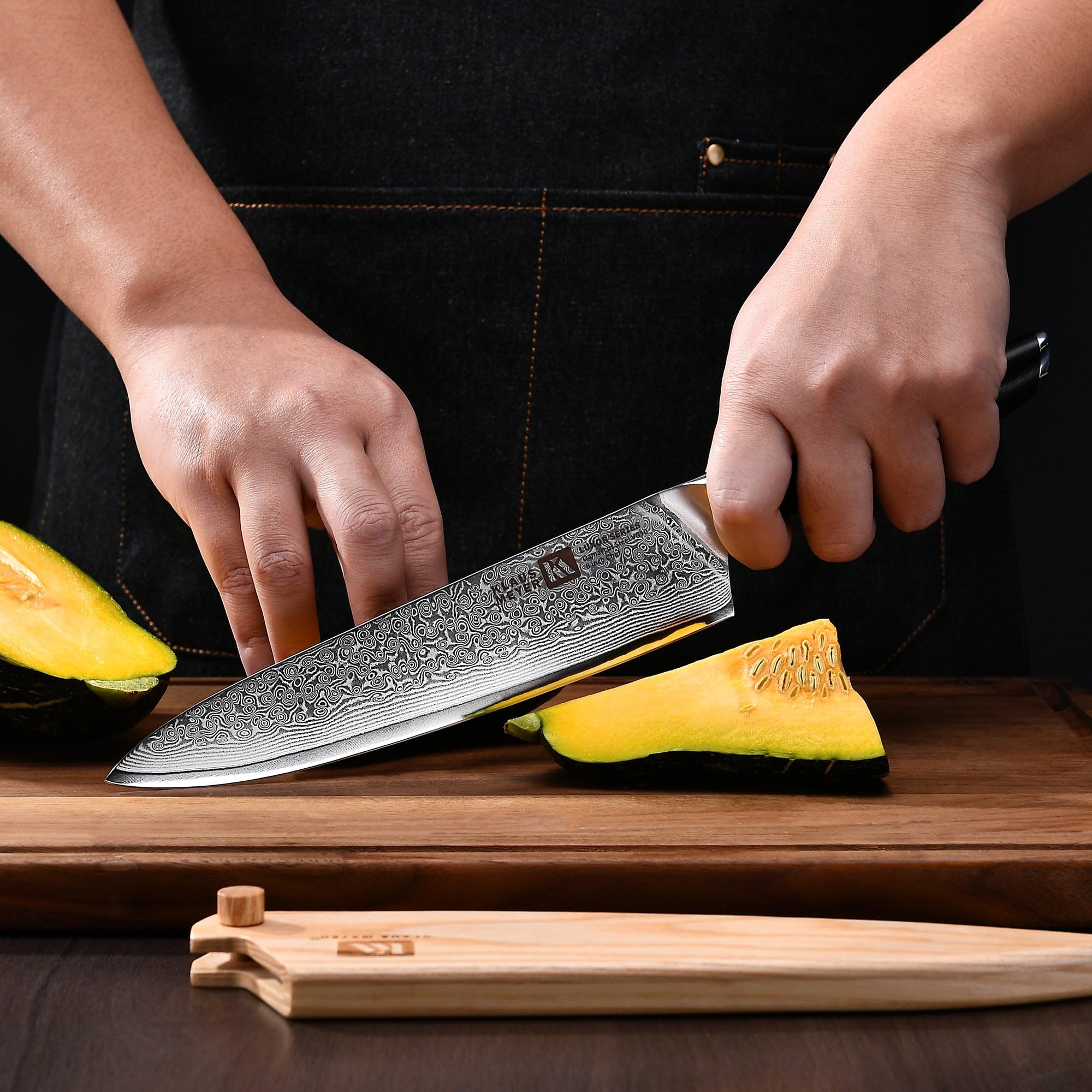 Klaus Meyer Luxor 8 Inch Chef Knife, Damascus Kitchen Knife, VG10 High Carbon Stainless Steel Japanese Chefs Knife with Wood Sheath
