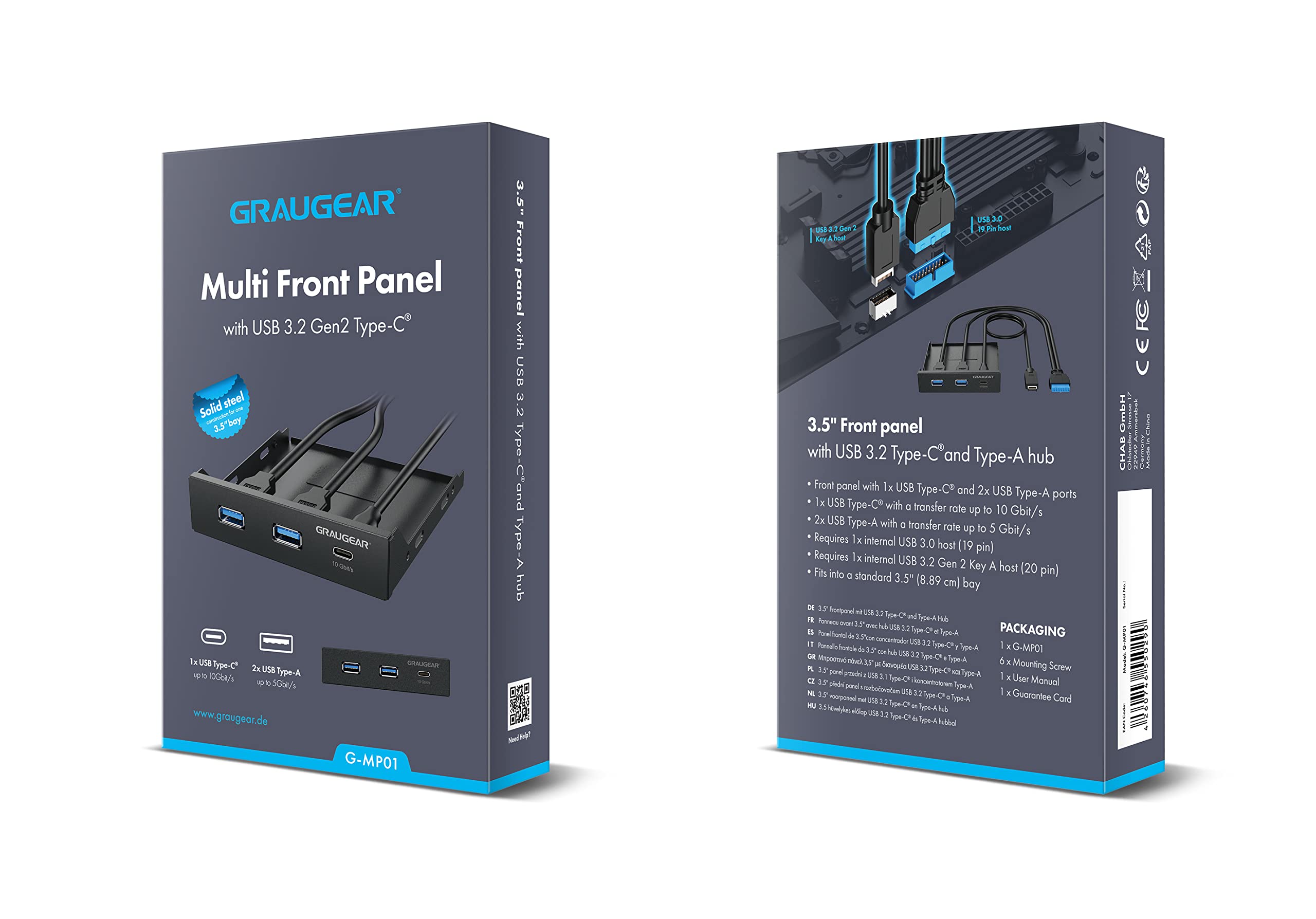 GRAUGEAR 3.5 Inch Front Panel USB Hub, Internal USB Hub with 20Gbps USB3.2 Gen2 USB-C and USB 3.0 Ports, USB3.2 Type-E Key-A 20-Pin Header & USB3.0 Header Required, Fits 3.5" PC Computer Case [G-MP01]