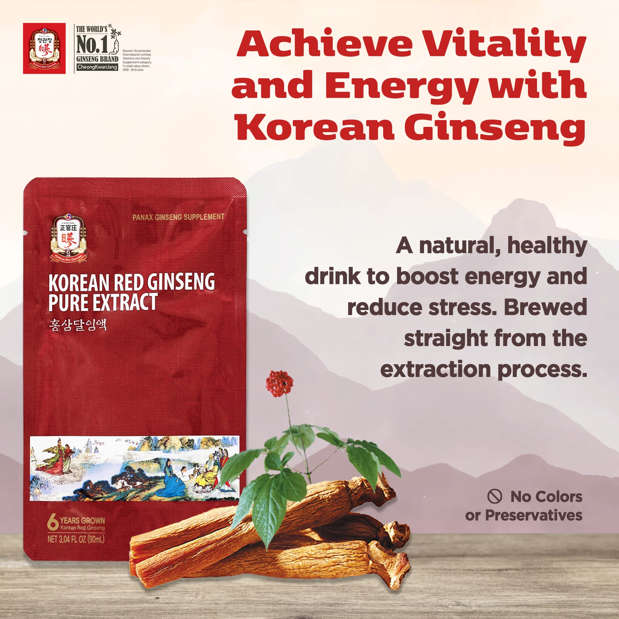 CheongKwanJang [Korean Red Ginseng Pure Extract Cut 100% 6-Year-Old Korean Red Ginseng Roots, Immune System Support Supplement Booster - 90 mL Pouch (30 Count)