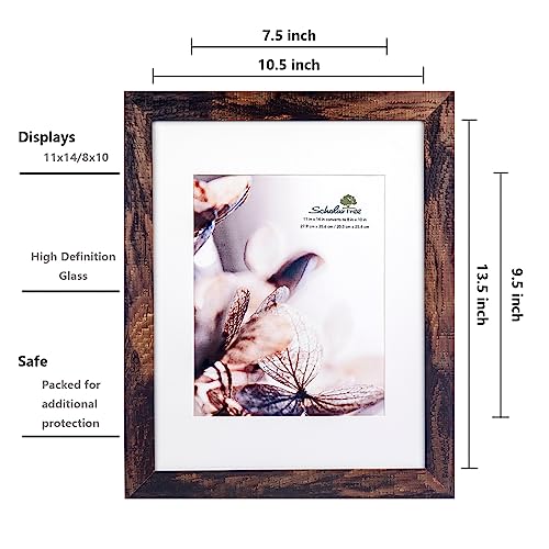 Scholartree Wooden Brown 11x14 Picture Frame with Mat 2 Set in 1 Pack,Display 11x14 without Mat or 8x10 with Mat，Wall Gallery Photo Frames