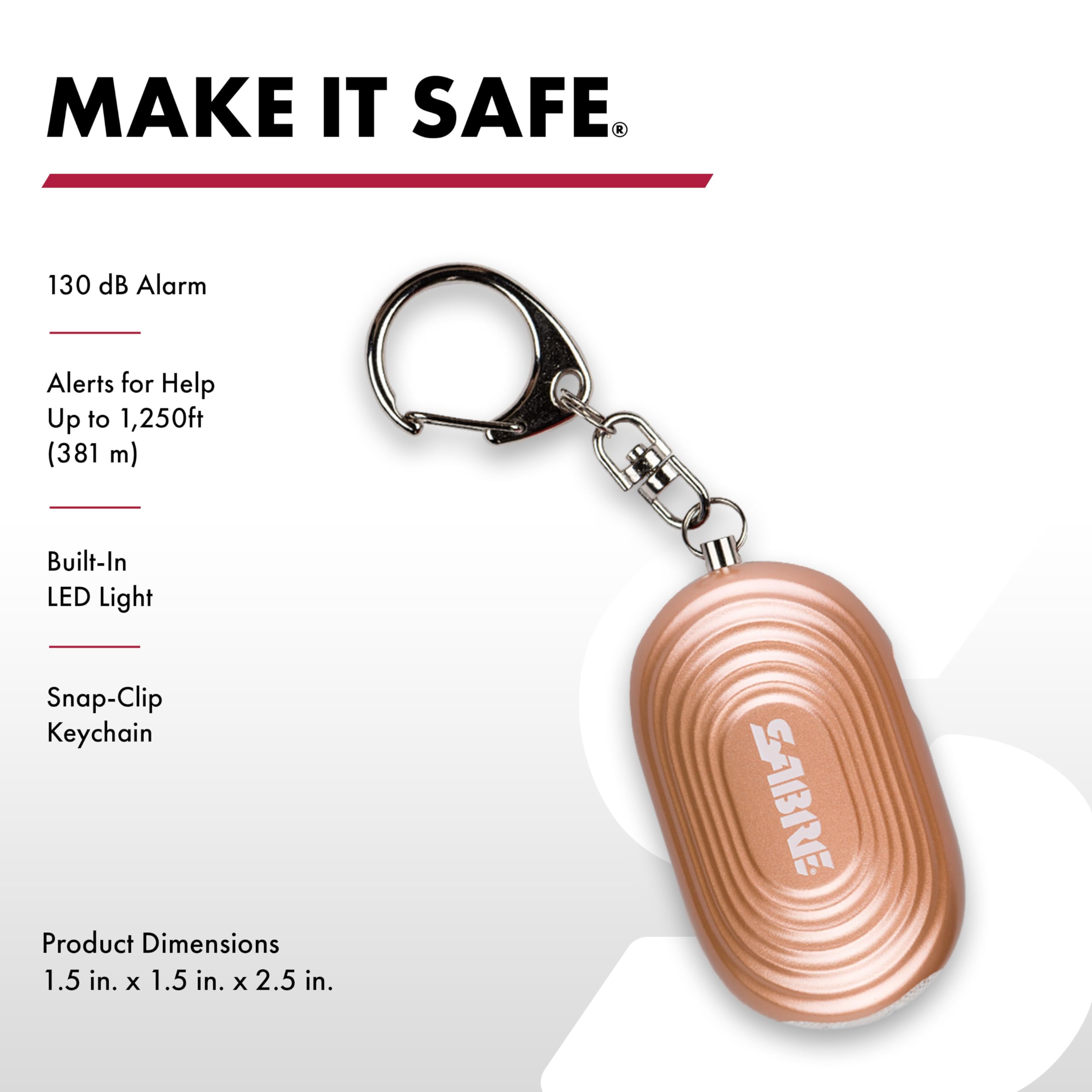 SABRE 2-in-1 Personal Alarm with LED Light, 130dB Personal Safety Siren, Snap Hook for Instant Access, 1,250 Foot (381 Meters) Range, Compact Design for Easy Attachment to Purse, Bag, or Keys
