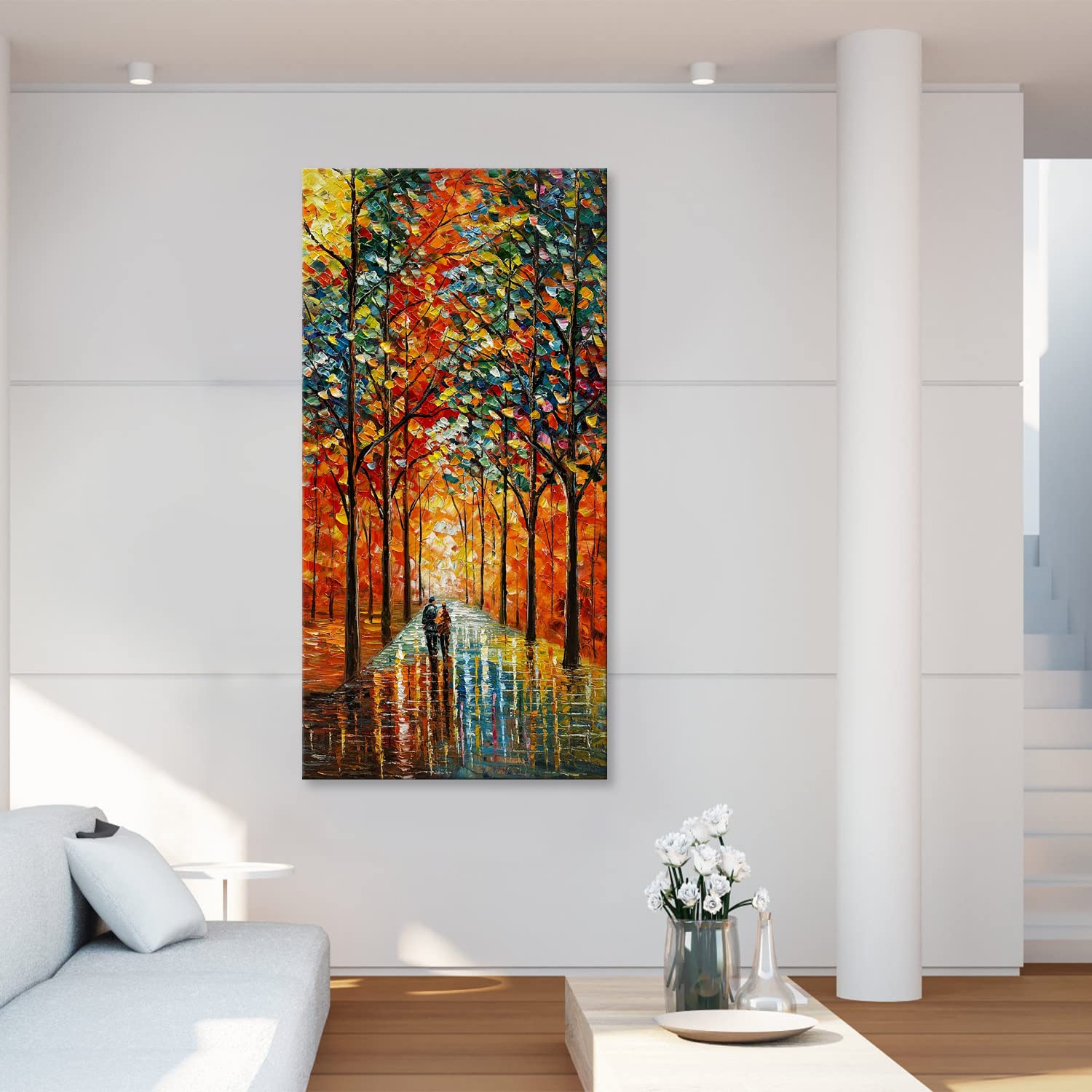 Creespi Hand Painted Landscape Oil Painting Wall Art 24x48 inch,Contemporary Abstract Textured Tree Wall Paintings for Wall Decorations