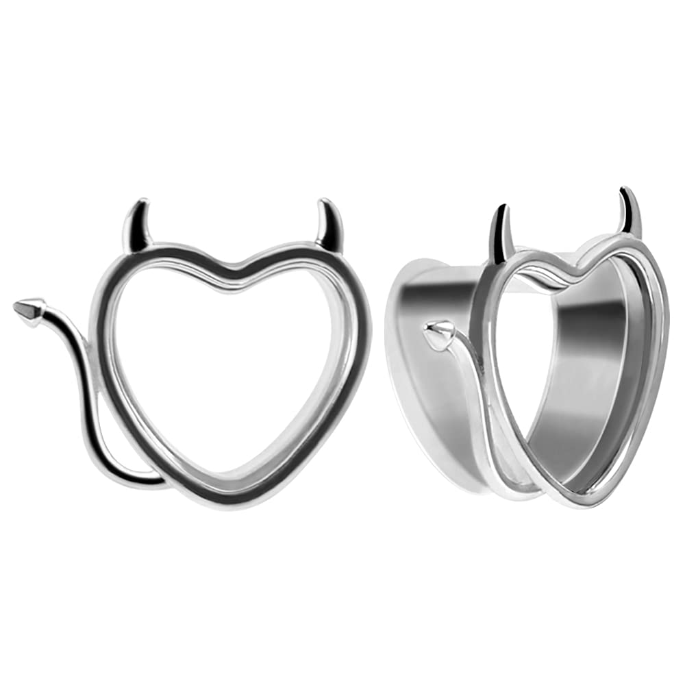 COOEAR 1 Pair Ear Tunnels Flesh Plugs Heart Style Gauges Silver Women Men Stretchers Demon Expander 0g to 1 inch.