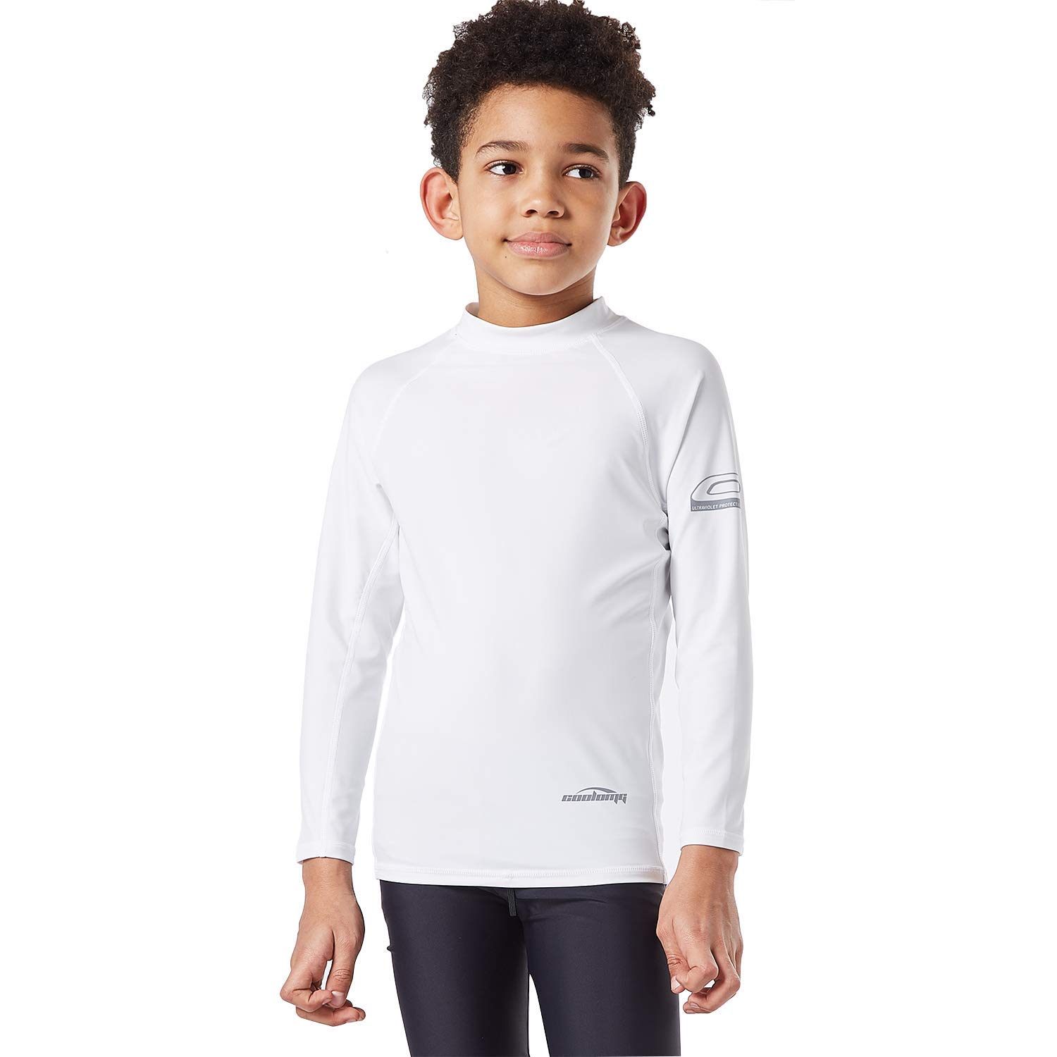 COOLOMG Boys Rash Guard Long Sleeve Shirts Kids Surf Running Swim Shirts White M