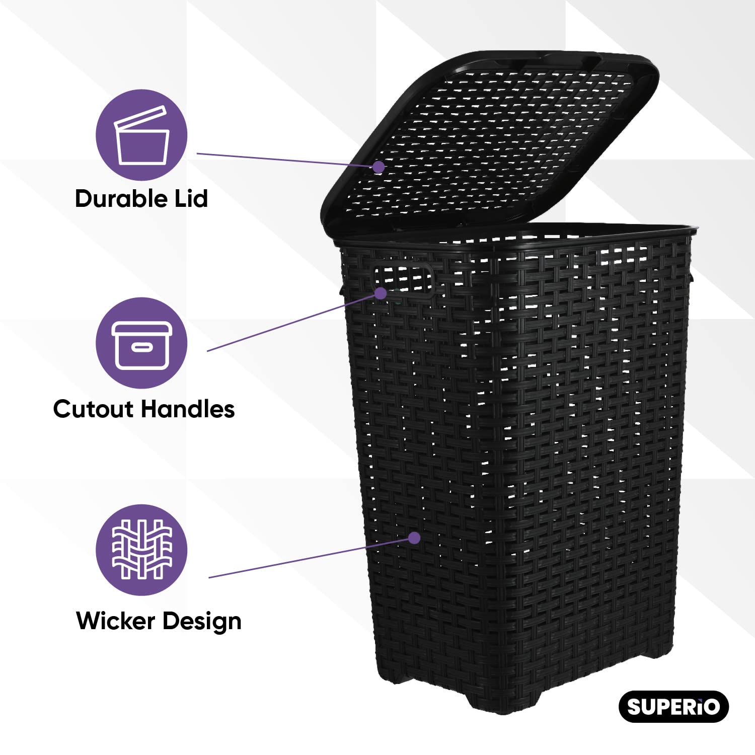 Laundry Hamper Basket With Lid 60 Liter - Deluxe Wicker Style White Color - 1.70 Bushel Bin With Cutout Handles To Storage Dirty Cloths in Washroom Bathroom, Or Bedroom. By Superio