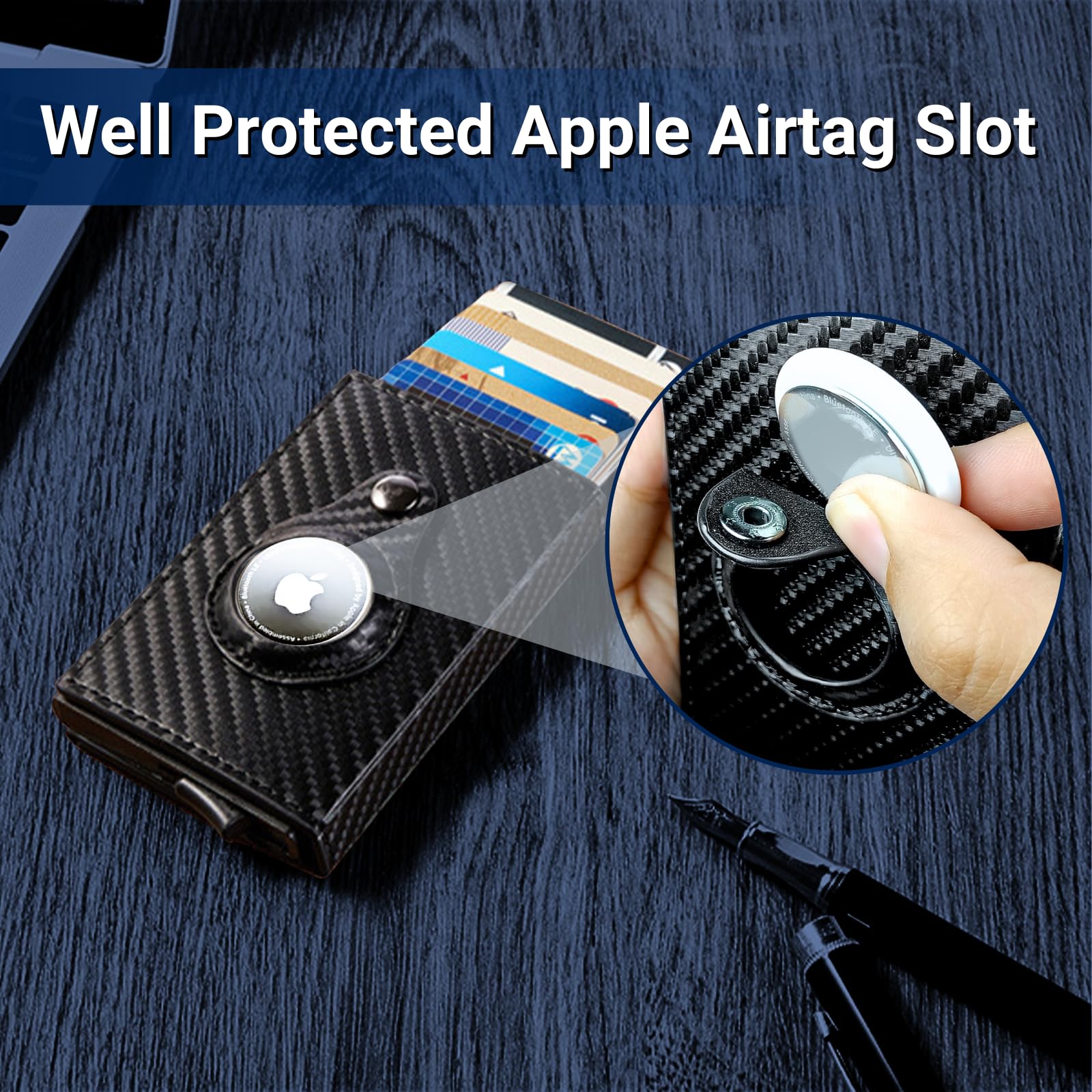 elzama AirTag Wallet Men with Airtag Holder, Slim Carbon Fiber Pop Up Cardholder Wallet with ID Window, RFID Blocking & Air Tags Keychain (Apple AirTag Not Included)