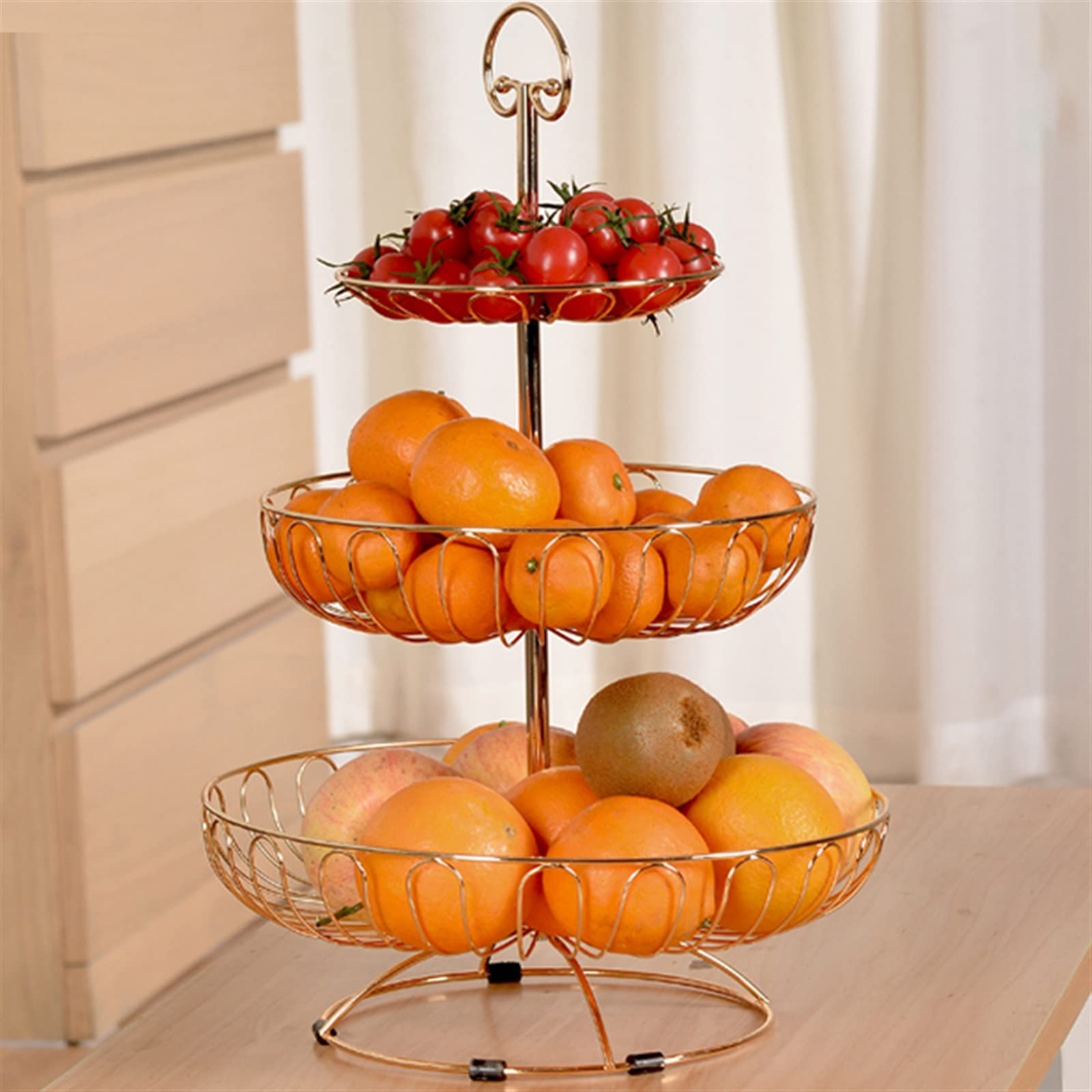 DEPILA Bread gp Fruit Basket for Kitchen 3-Tier Simple Round Metal Home Fruit Plate Tray Rack Storage Basket Rack (Color : Gold)