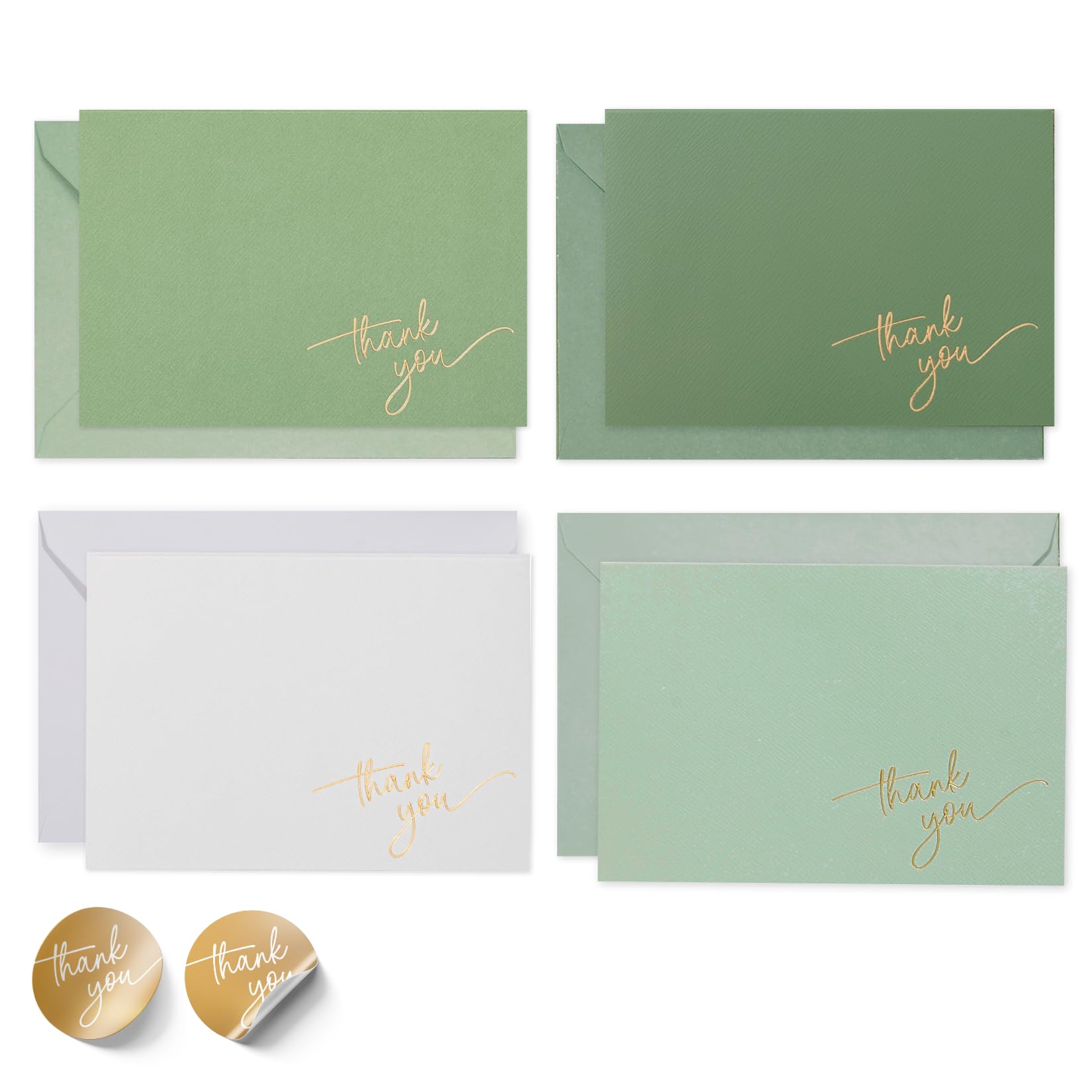 Gold Foil Thank You Cards - Bulk Pack of 40, 5x3.5 Inch with Matching Stickers & Envelopes (Green) Textured Surface for a Unique Feel - Suitable for Baby Shower, Wedding, Small Business, Graduation