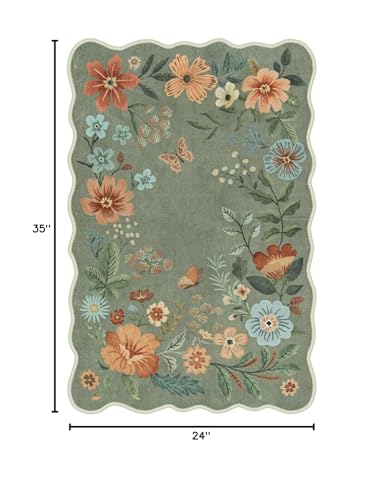 Lahome Floral Rugs for Entryway, 2X3 Washable Kitchen Rugs Ultra-Thin Soft Rug, Non Slip Indoor Door Mat Stain Resistant Boho Small Rug Low-Pile Throw Rug for Bathroom Bedroom(2x3ft,Green)