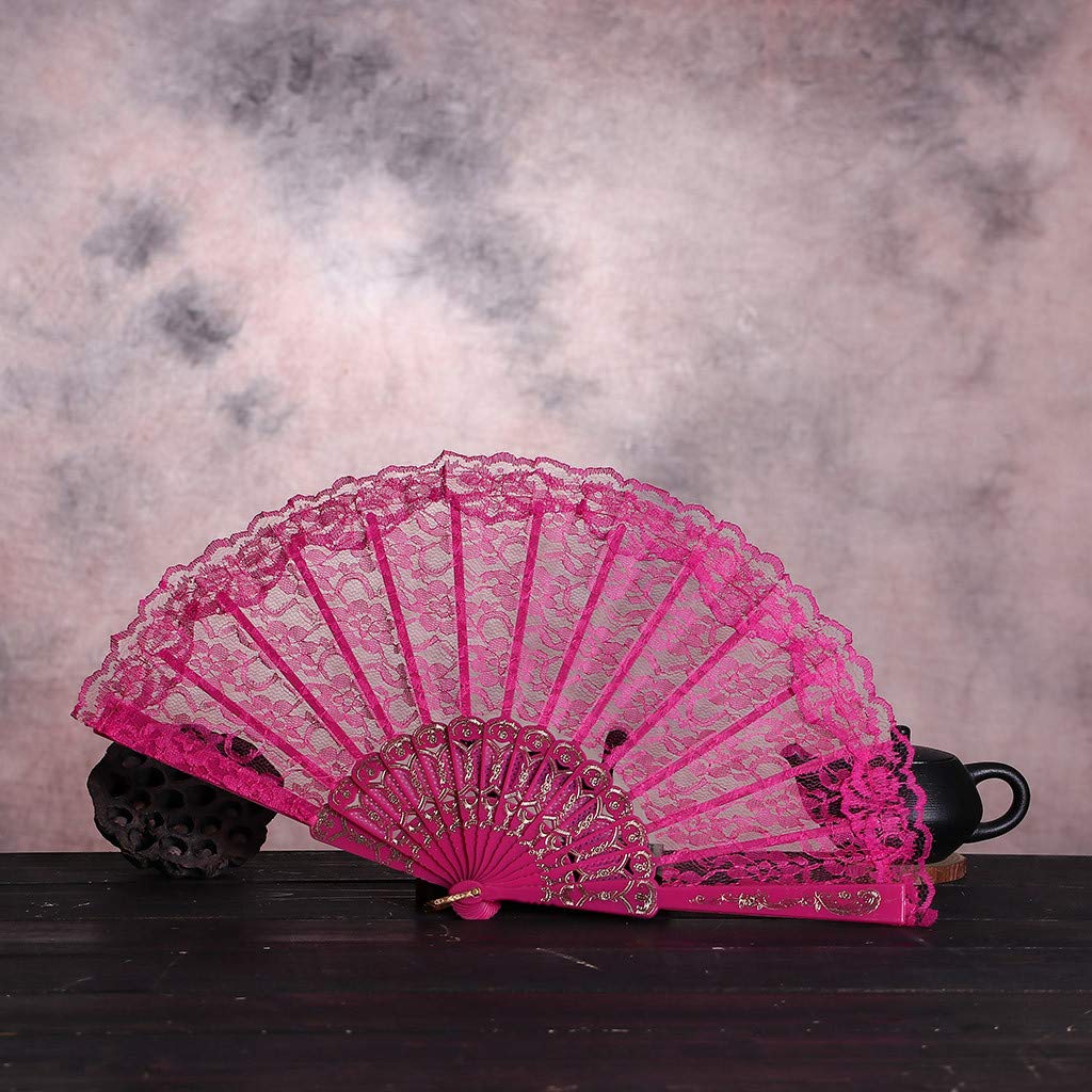 Fan Lace Wedding Chinese Silk Style Party Folding Hand Flower Dance Held Fans Wall Mount Fan Small (Hot Pink, One Size)