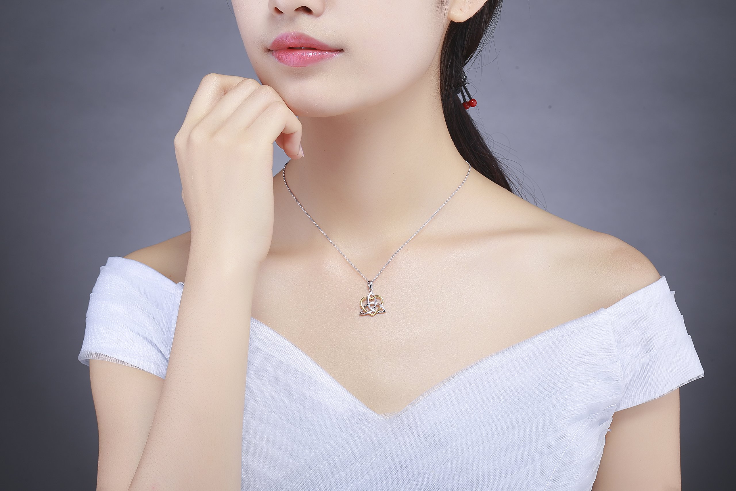 Cuoka Celtic Knot Necklace, 925 Sterling Silver Women's Triangle Irish Trinity Jewelry, 18" Rolo Chain, Heart Pendant, Celtic Culture Enthusiasts Gift
