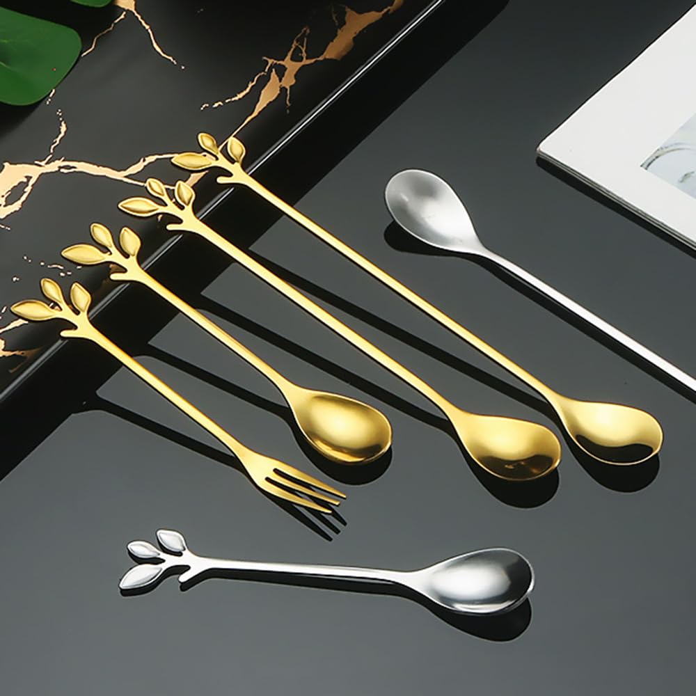 Gold Leaf 6.5inch Teaspoons Set of 6, Stainless Steel Espresso Stirring Spoons,Long Handle Coffee Stir Spoons Set for Coffee Bar, Home Tea Party, Drink