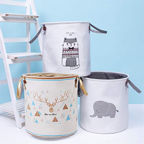 Deer Laundry Basket, Large Foldable Canvas Laundry Hamper with Handles Round 15" Cartoon Home Organizer for Baby Nursery,Toys,Laundry,Clothing,Gift Storage Baskets