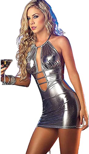 MMWMJWMB Latex Women Sexy Patent Leather Dress, Stretch Slim Lingerie Nightclub Costume, Shiny Liquid Metallic Sexy Dress