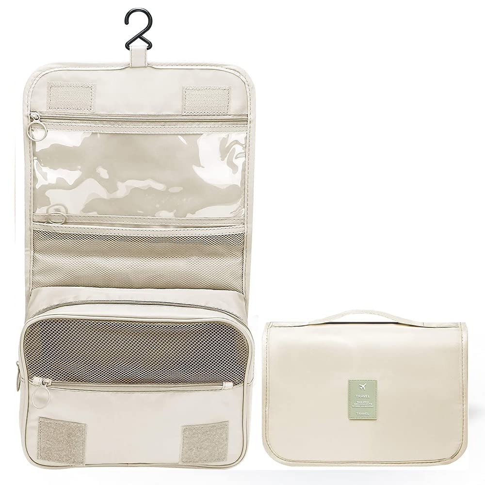 Fxkoolr Toiletry Bag for Women Hanging Makeup Bags Organizer Travel Bag for Toiletries Cosmetic Bag Waterproof Bathroom Shower Bag with Hook (Beige)
