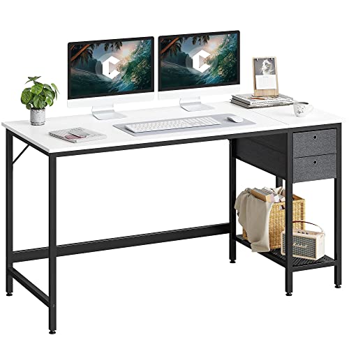 Cubiker Computer Home Office Desk with Drawers, 55 Inch Small Desk Study Writing Table, Modern Simple PC Desk, White