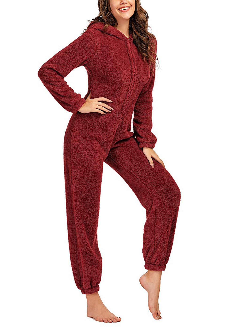 chouyatou Women's Ultra Comfy Lounge Furry Sherpa Romper Onesie Pajamas Cute Ear Hood (Medium, Red)