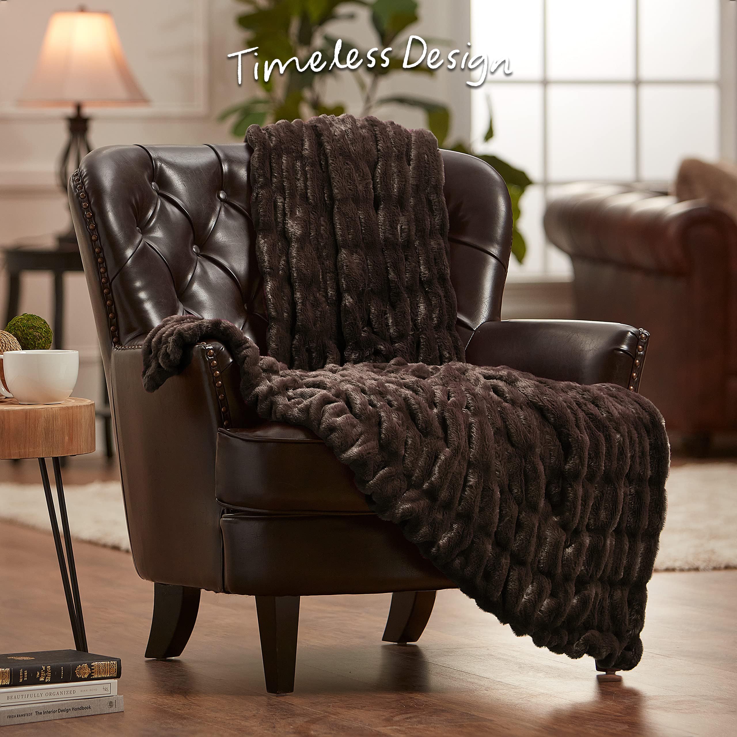 Chanasya Premium Ruched Faux Fur Throw Blanket - Luxurious, Soft Reversible Mink Blanket - 50" x 65β - Mocha