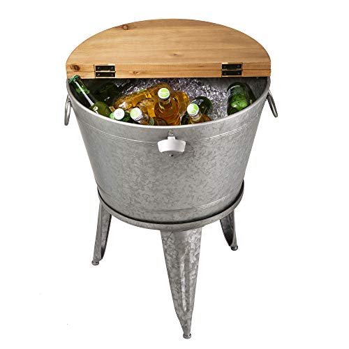 Glitzhome 26.29"H Oval Galvanized Beverage Tub with Stand, Farmhouse Metal Accent Cocktail Table Storage Bucket with Firwood Lid, 8 Gallons