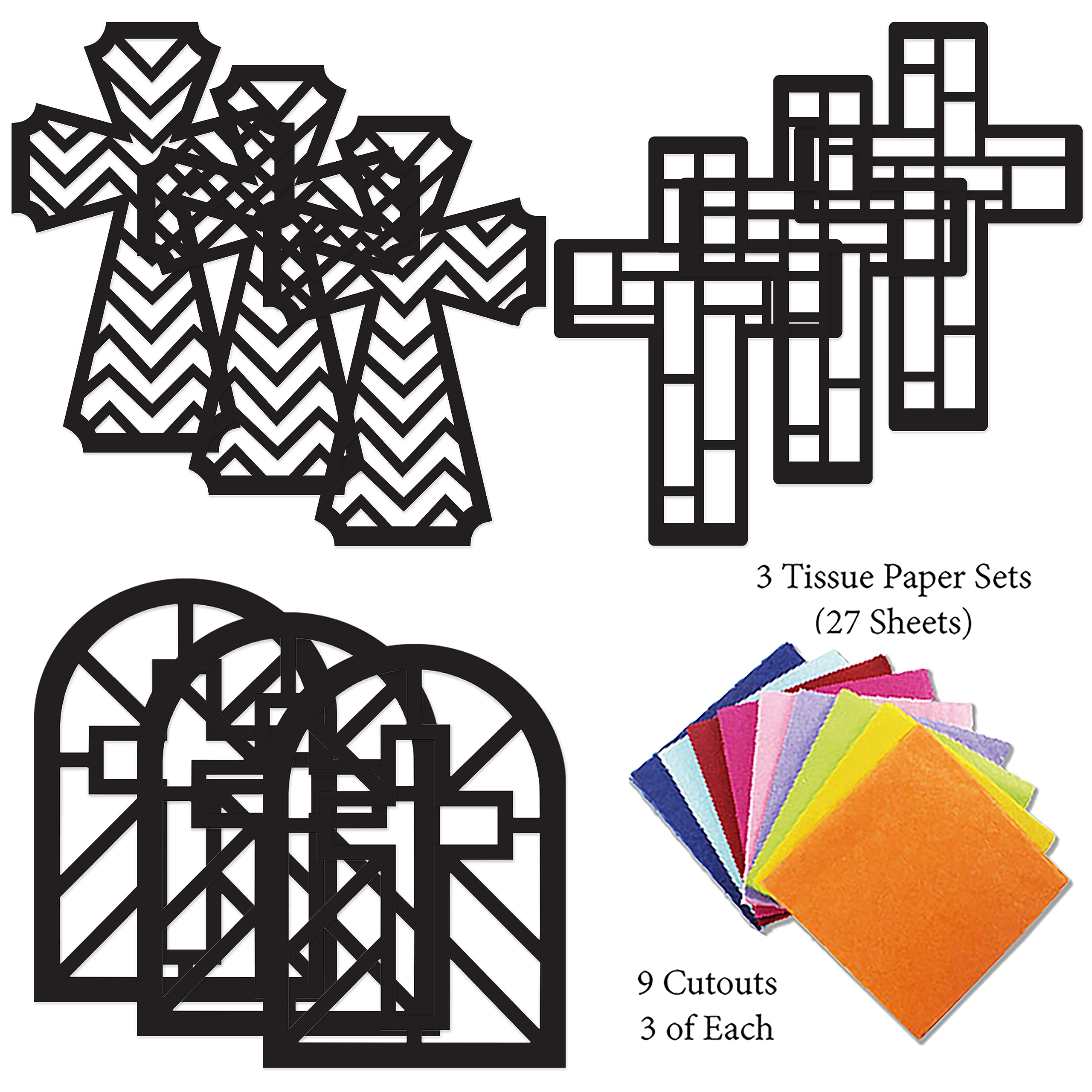VHALE Suncatchers Craft 3 Sets (9 Cutouts) w Tissue Papers Stained Glass Effect Paper Sun Catcher Kit, Window Art, Classroom Crafts, Creative Art Projects, Kids Party Favors (Cross)