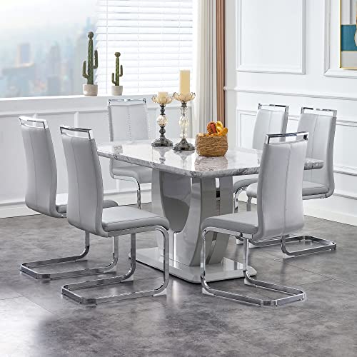 JUFU Modern Dining Table Set for 6,Rectangula Kitchen Table Set with Faux Marble Tabletop&6 Pu Leather Upholstered Chairs Ideal for Dining Room, Kitchen (Light Grey, 1 Table with 6 Chairs)