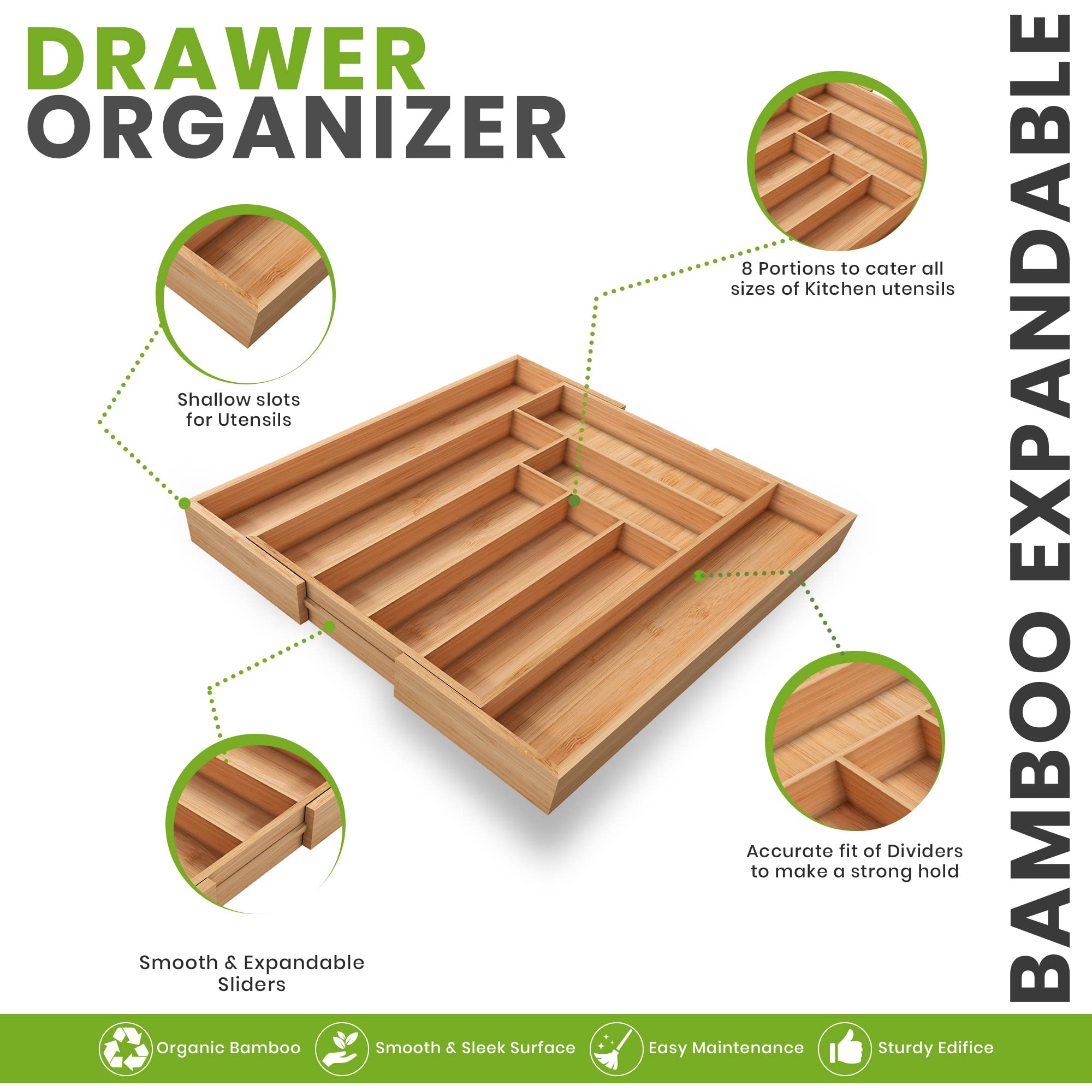 Expandable Bamboo Organizer 8 Compartment 2 Piece Set - Bamboo Drawer Dividers Organizer - Adjustable Drawer Holder for Kitchen, Silverware, Flatware, Living Room and Utensils (Black and Natural)
