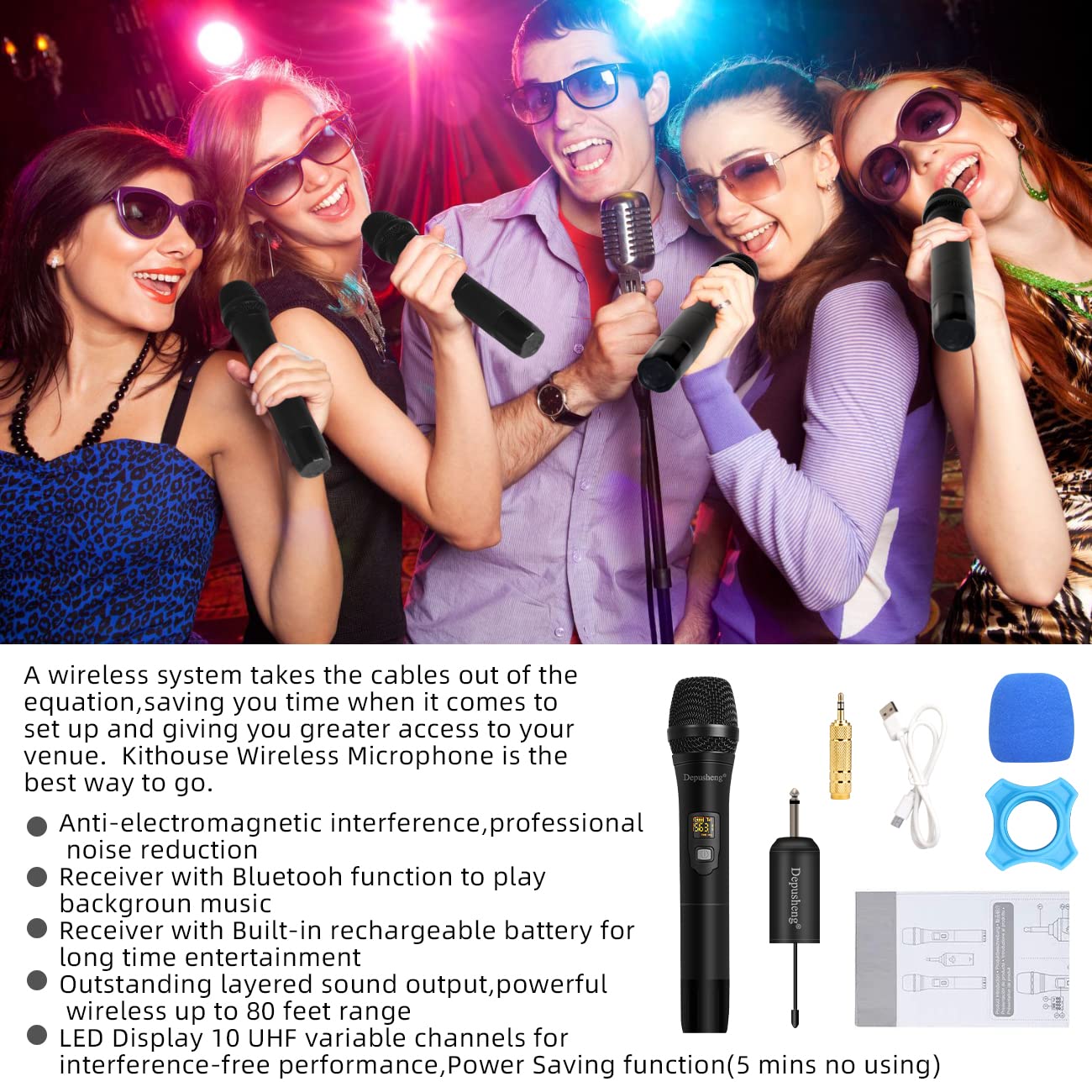 Depusheng W1 Wireless Microphone, Karaoke Mic, UHF Handheld Dynamic System with Rechargeable Receiver for Party, Church, Meeting, Wedding, 150ft, Black