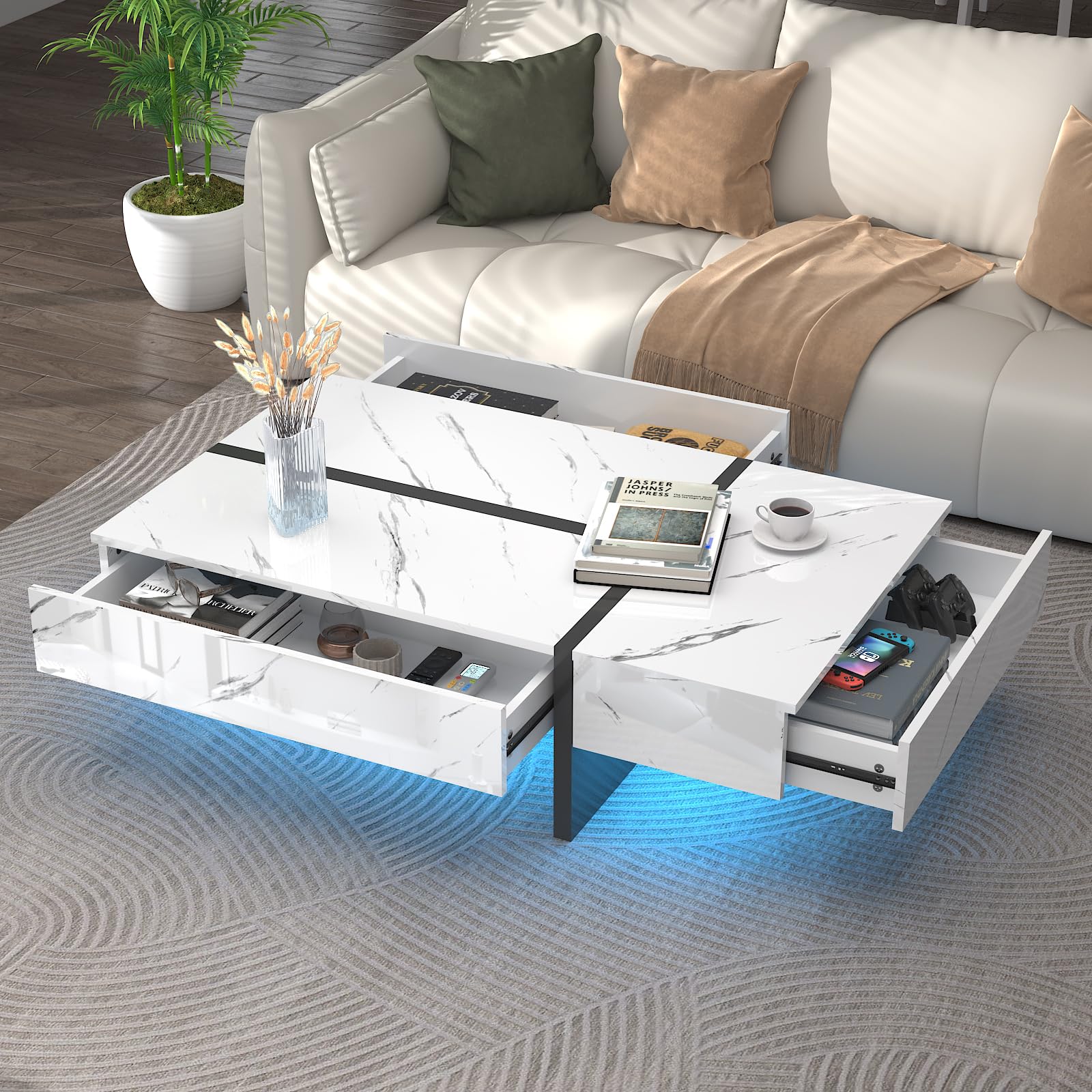 chartustriable 47.2" Modern Coffee Table for Living Room, LED High Gloss Coffee Table with Storage Drawers and LED Light, Center Table for Living Room(Black & Marble)