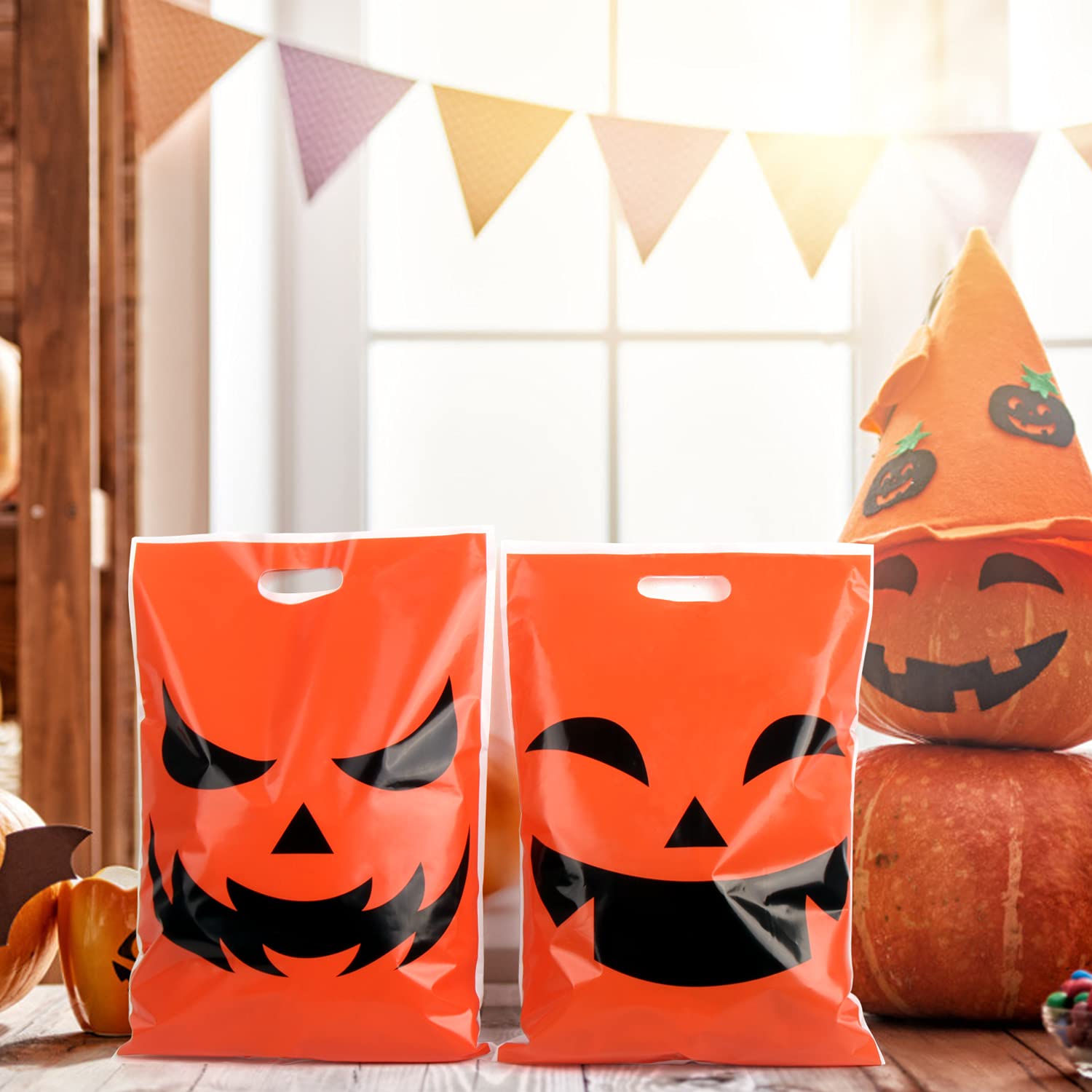 LOKIPA Halloween Plastic Pumpkin trick or Treat Candy Bags,72pcs Jack O Lantern Pumpkin Gift Snacks Party Favor Bag for Halloween