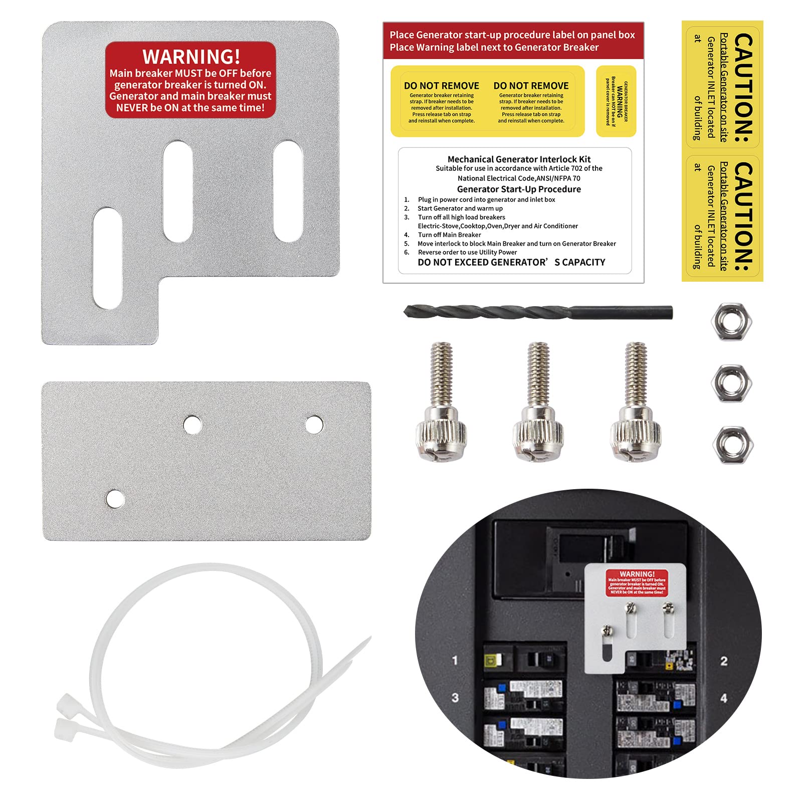 Generator Interlock Kit Compatible w/Square D QO & Homeline 150 or 200A Breaker Box, 1-3/8” Space on Main & Generator Circuit Panel, Safety Manual Lockout Transfer-Switch for Outdoor Portable Power
