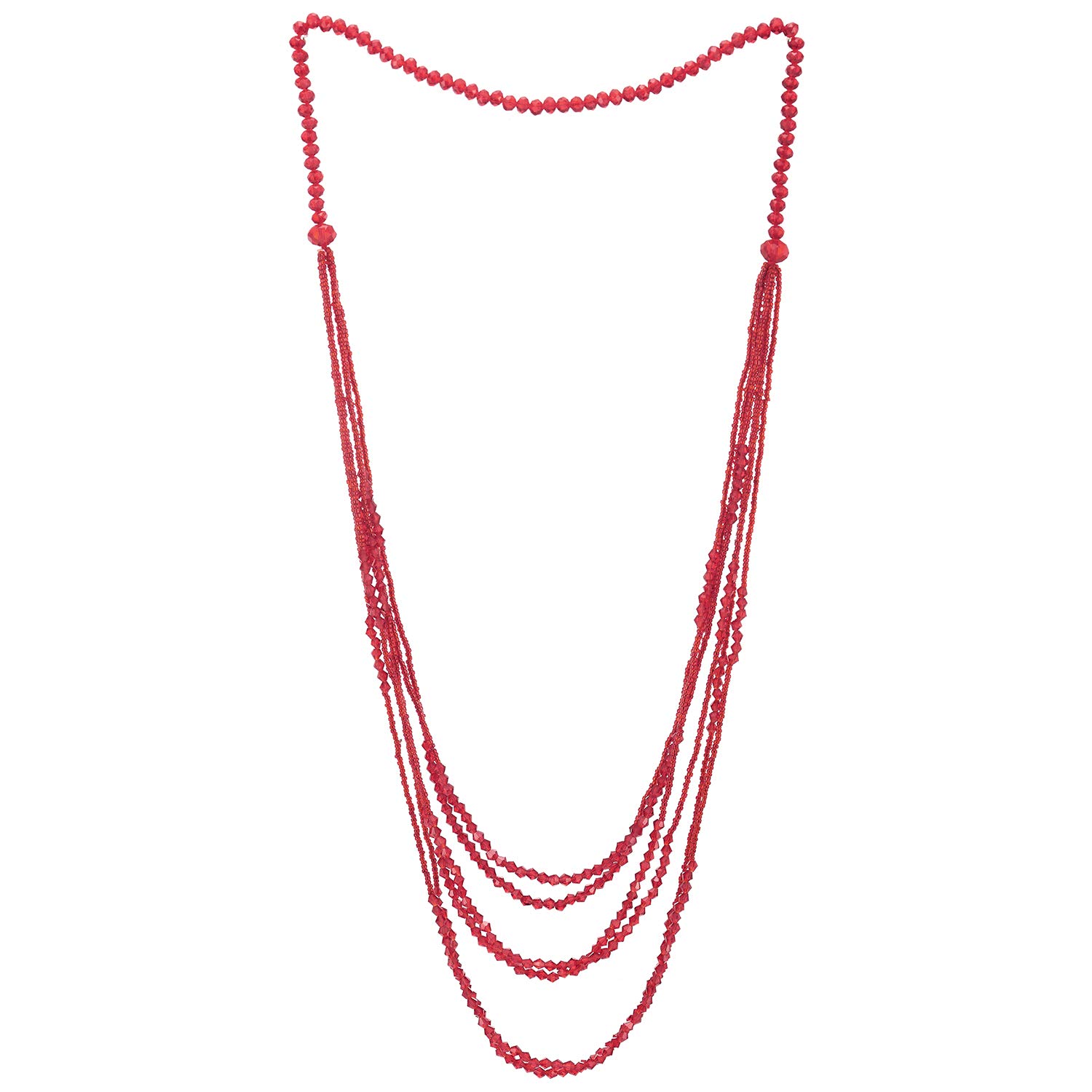 COOLSTEELANDBEYOND Red Beads Long Statement Necklace Multi-Strand Waterfall Chains with Crystal Beads Charm Pendant