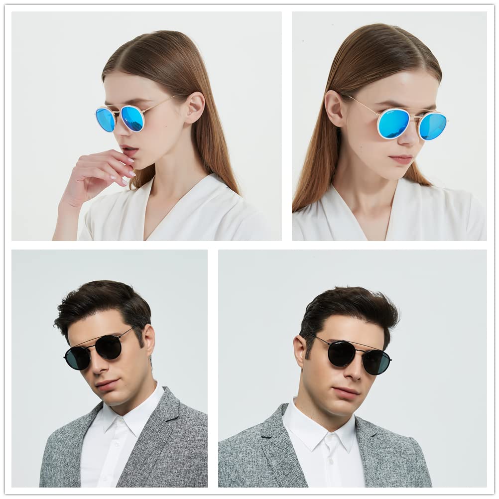 CONRAD RONTGEN Retro Round Sunglasses for Women Men Double Bridge UV400 Protection Black Frame Black Lens